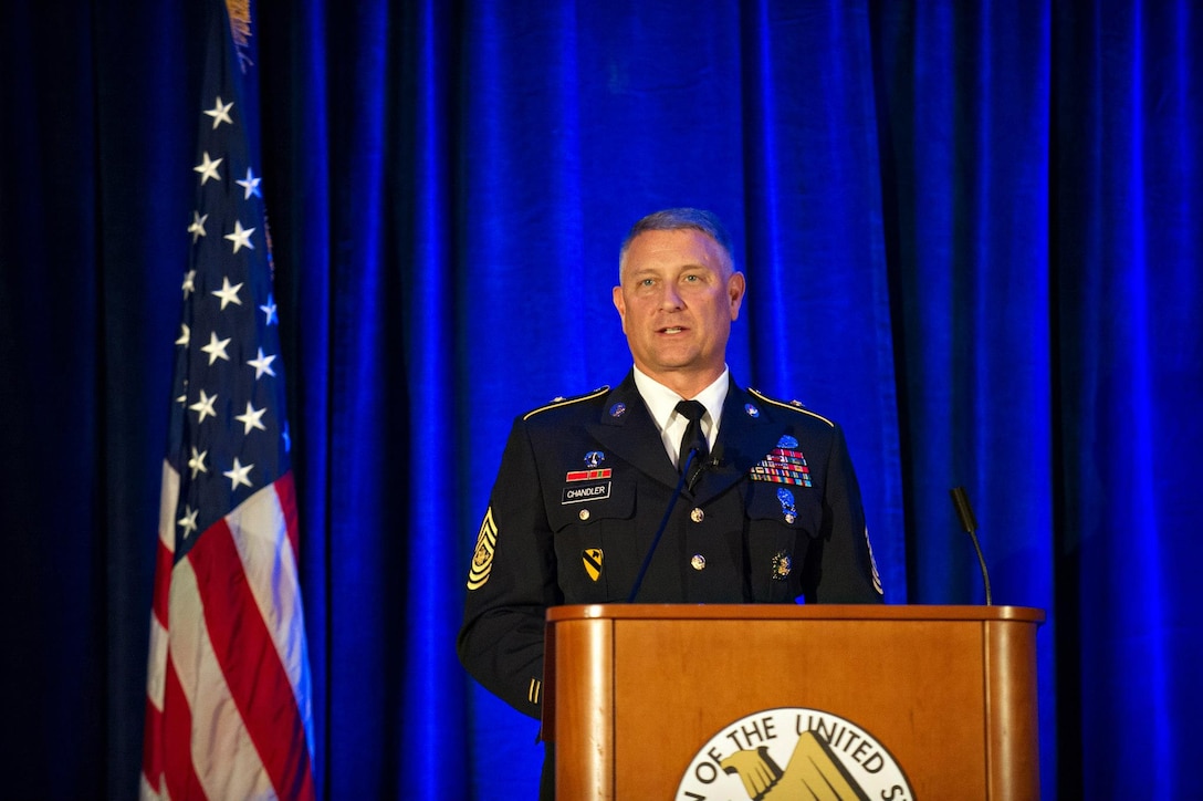 Sgt. Maj. of the Army Raymond Chandler III speaks at an Army family ...