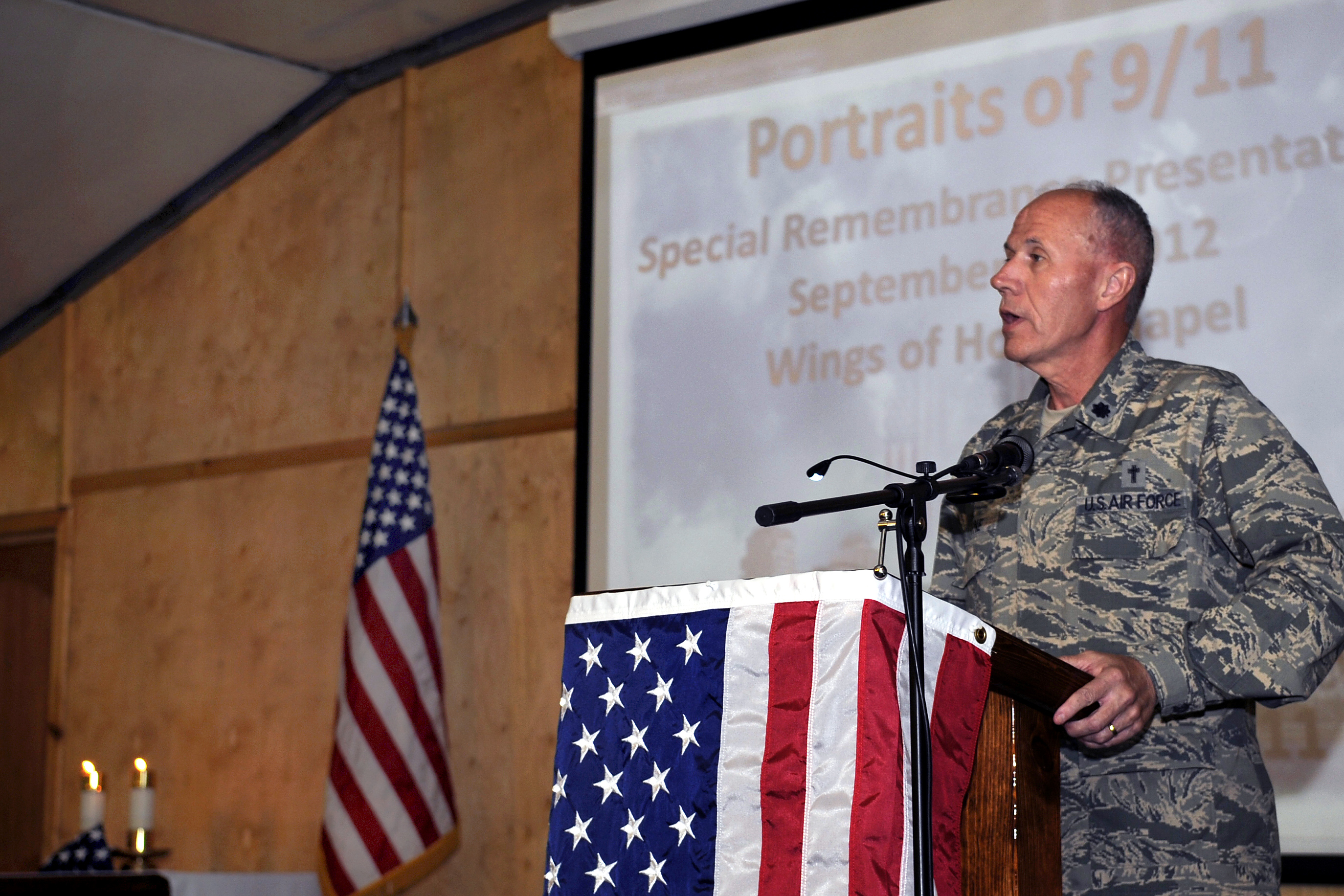 U.S. Air Force Chaplain (Lt. Col.) Larry Layne delivers remarks during ...