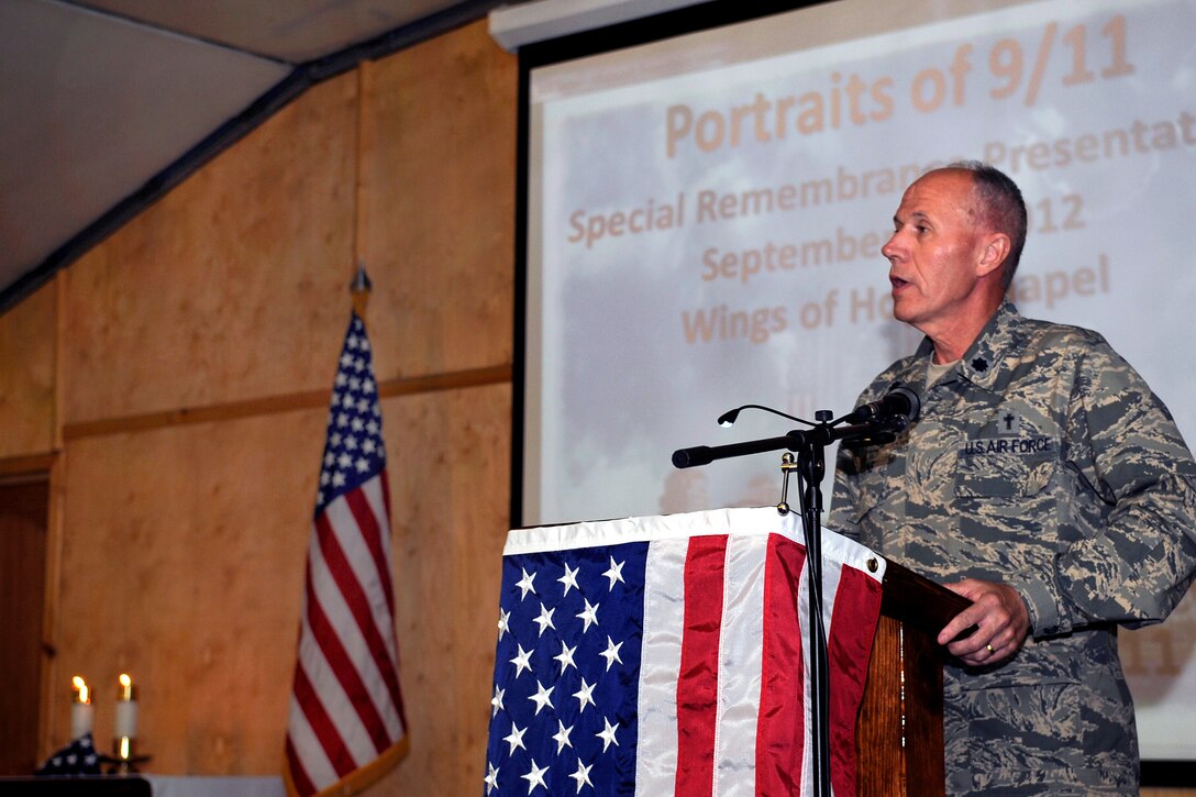 U.S. Air Force Chaplain (Lt. Col.) Larry Layne delivers remarks during ...