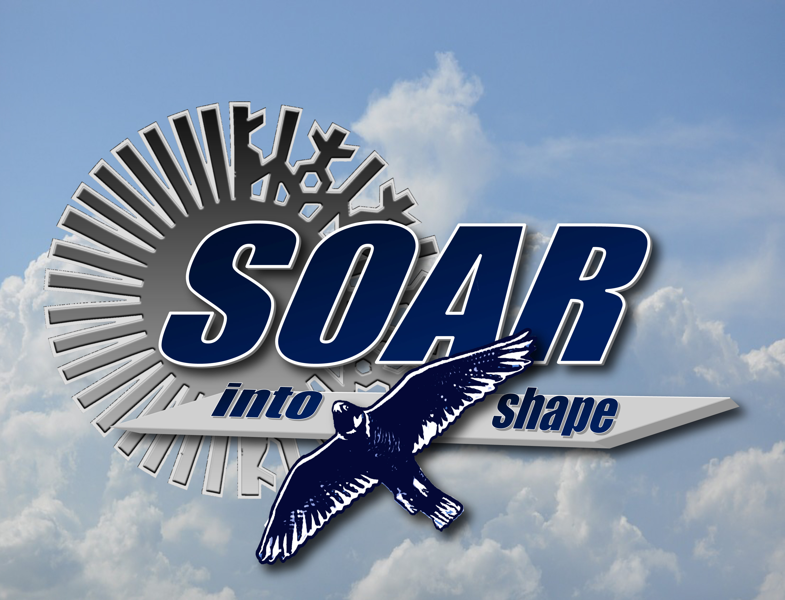 Soar into shape logo with gray sunflake over cloudy background