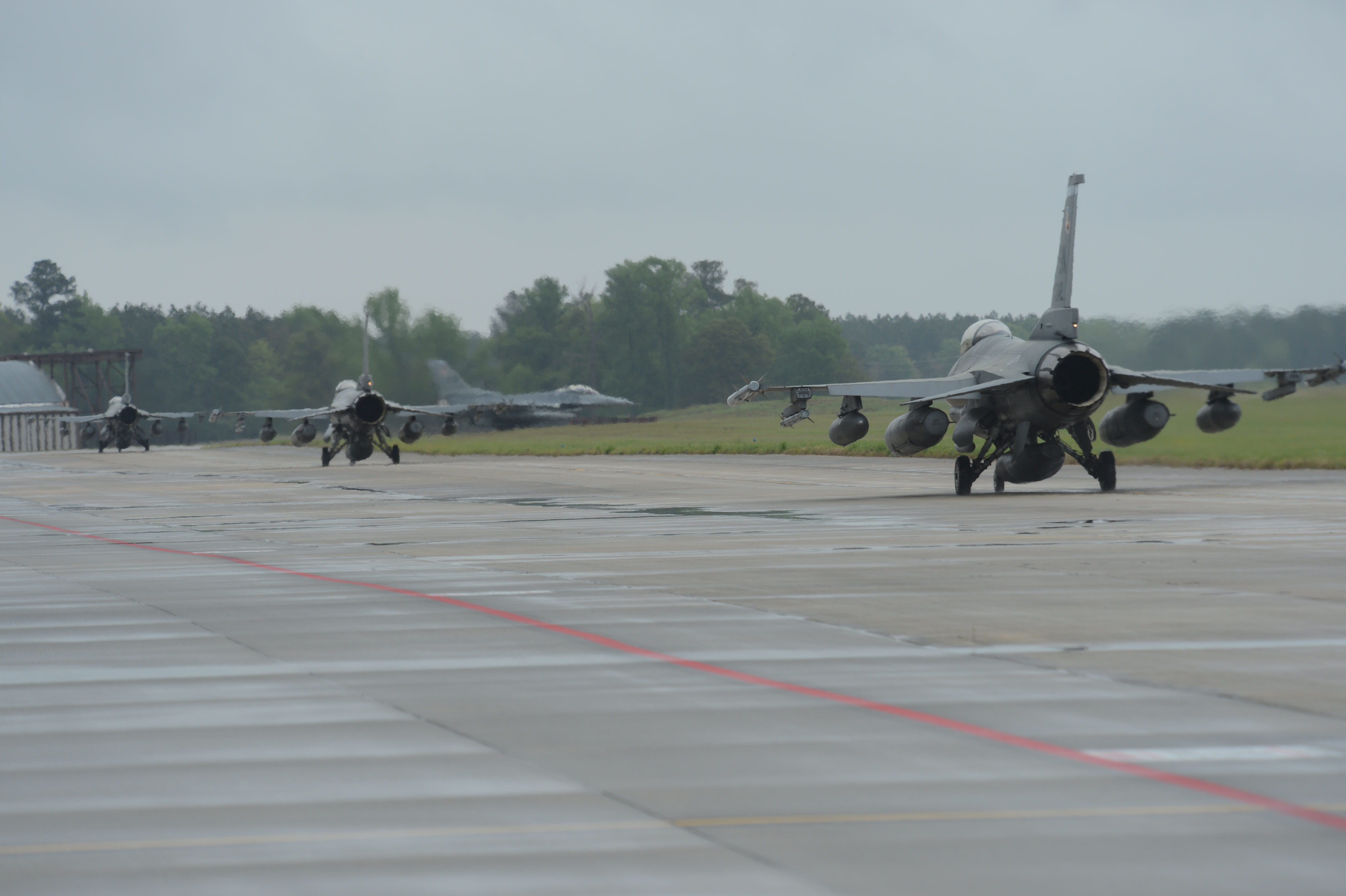 Jets assigned to the 55th Fighter Squadron lift off