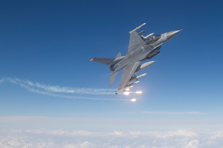 An F-16 flies over Misawa