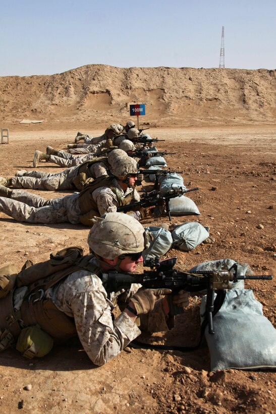 U.S. Marines fire at targets to acquire their battle sight zero on Camp ...