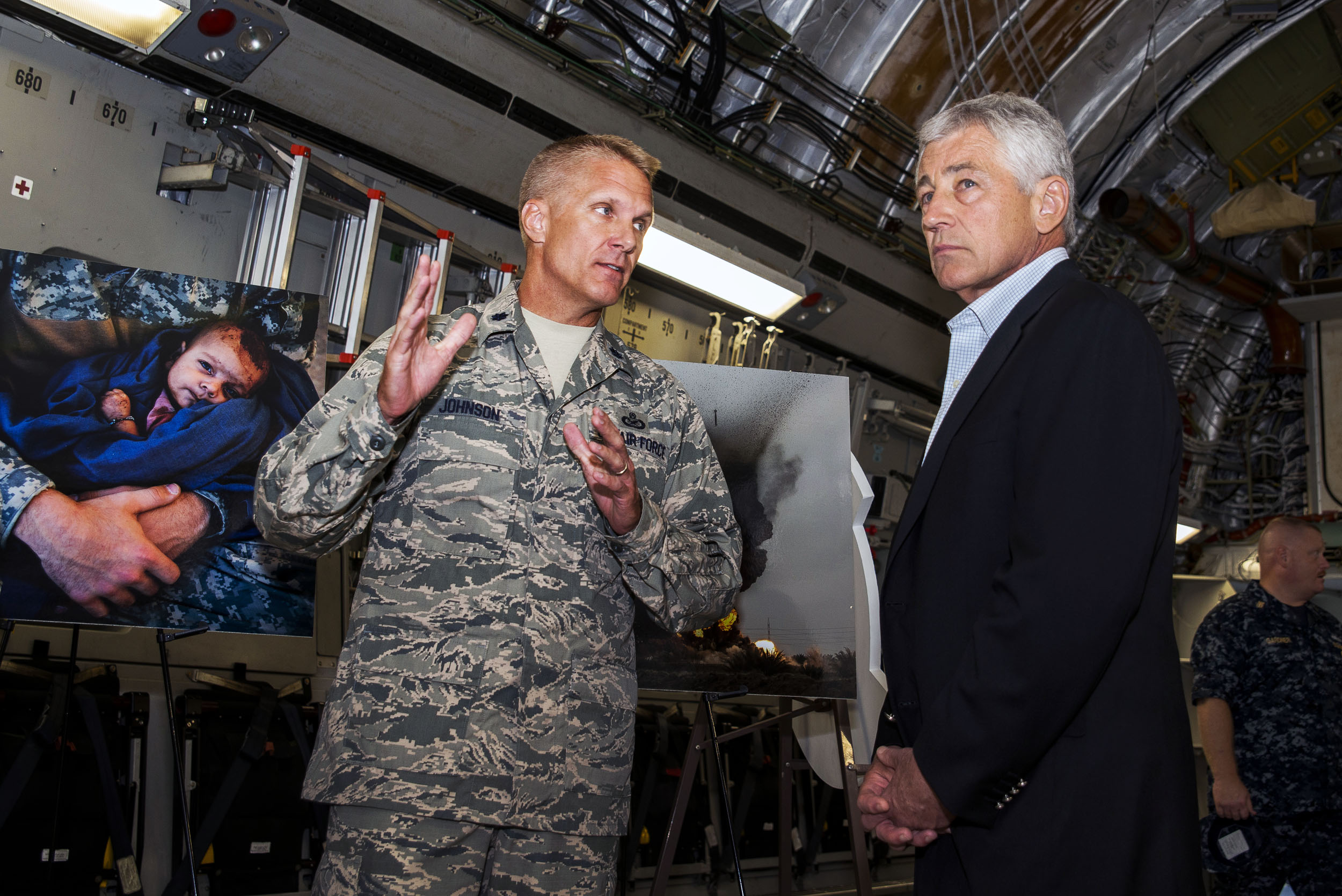 Air Force Lt. Col. Michael Johnson briefs Defense Secretary Chuck Hagel ...