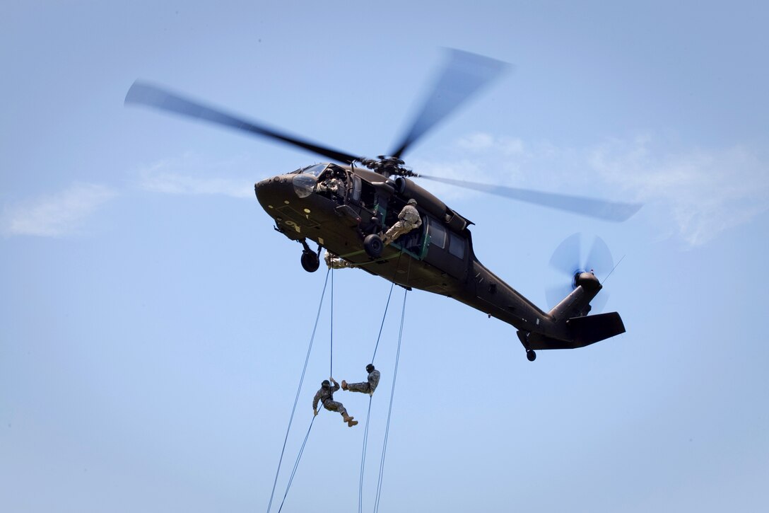 Soldiers and Army cadets rappel out of a UH-60 Black Hawk helicopter ...
