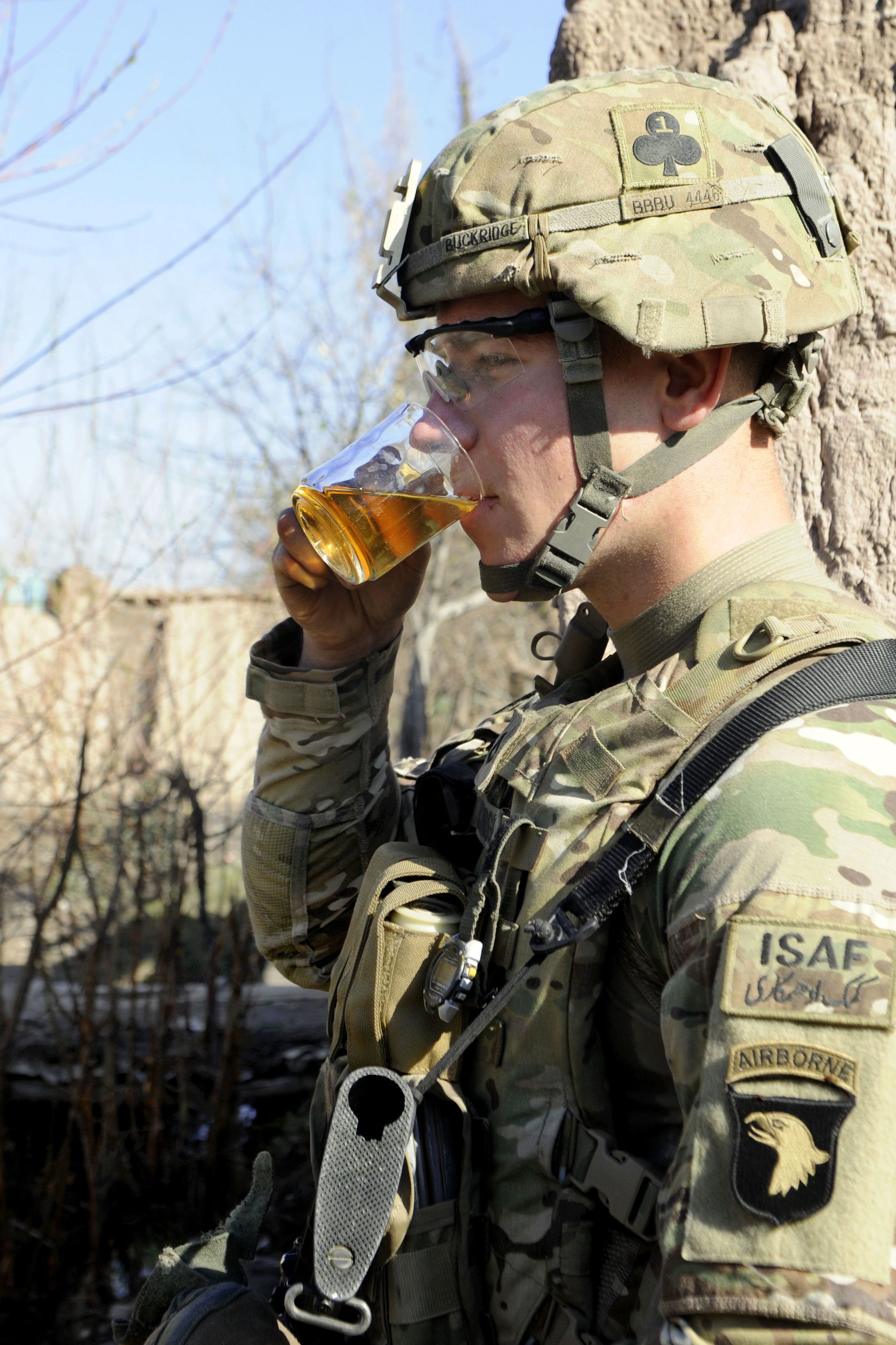 U.S. Army Pfc. Jonathan Buckridge drinks chai tea while providing ...