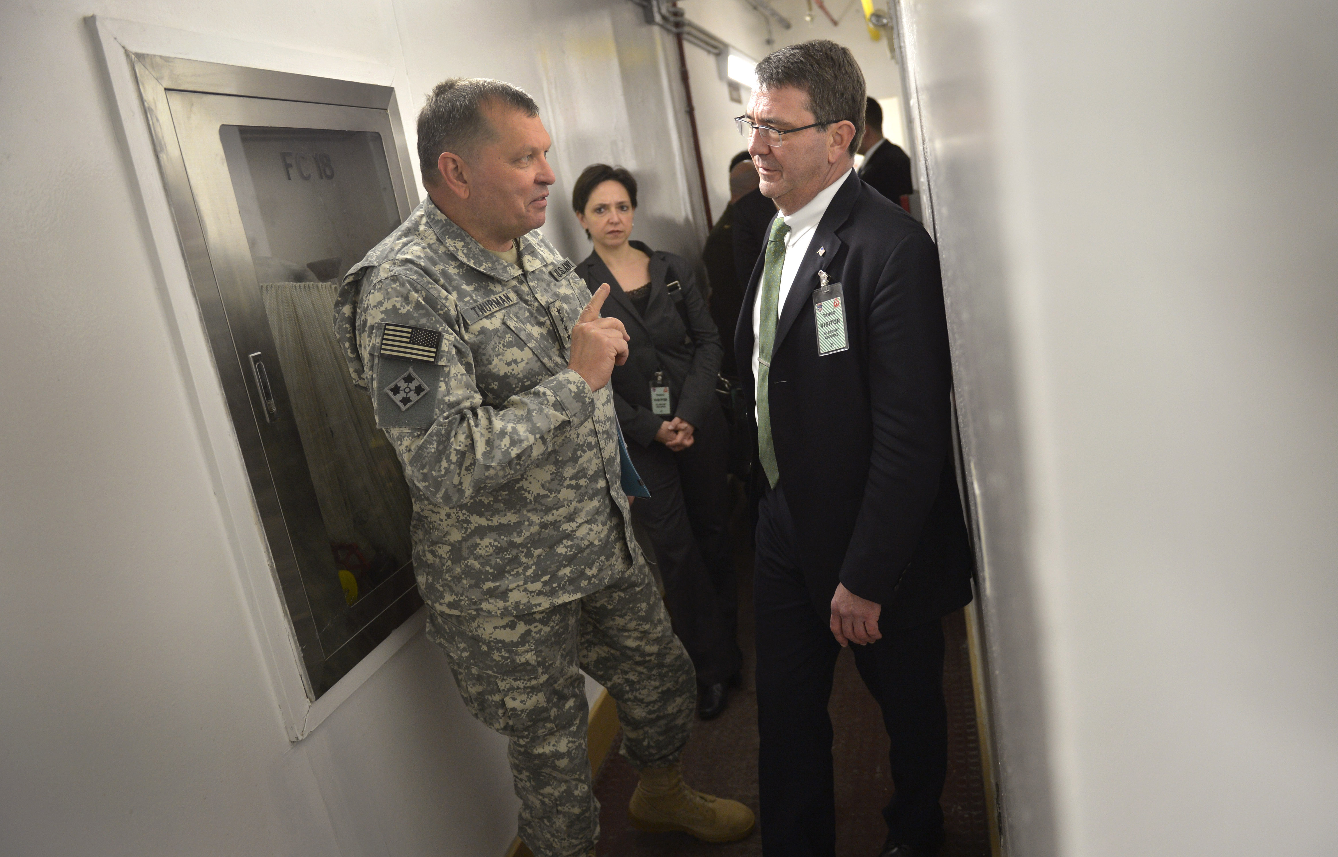 U.S. Deputy Defense Secretary Ash Carter receives a tour of Command Post Tango from U.S. Army ...