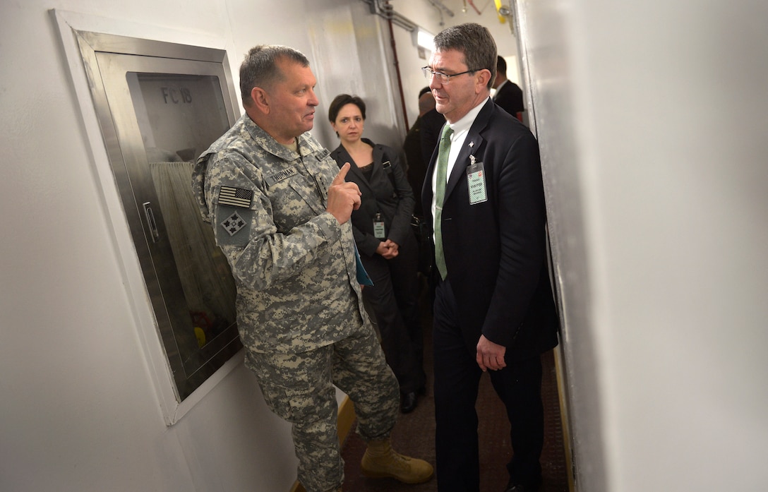 U.S. Deputy Defense Secretary Ash Carter receives a tour of Command Post Tango from U.S. Army ...