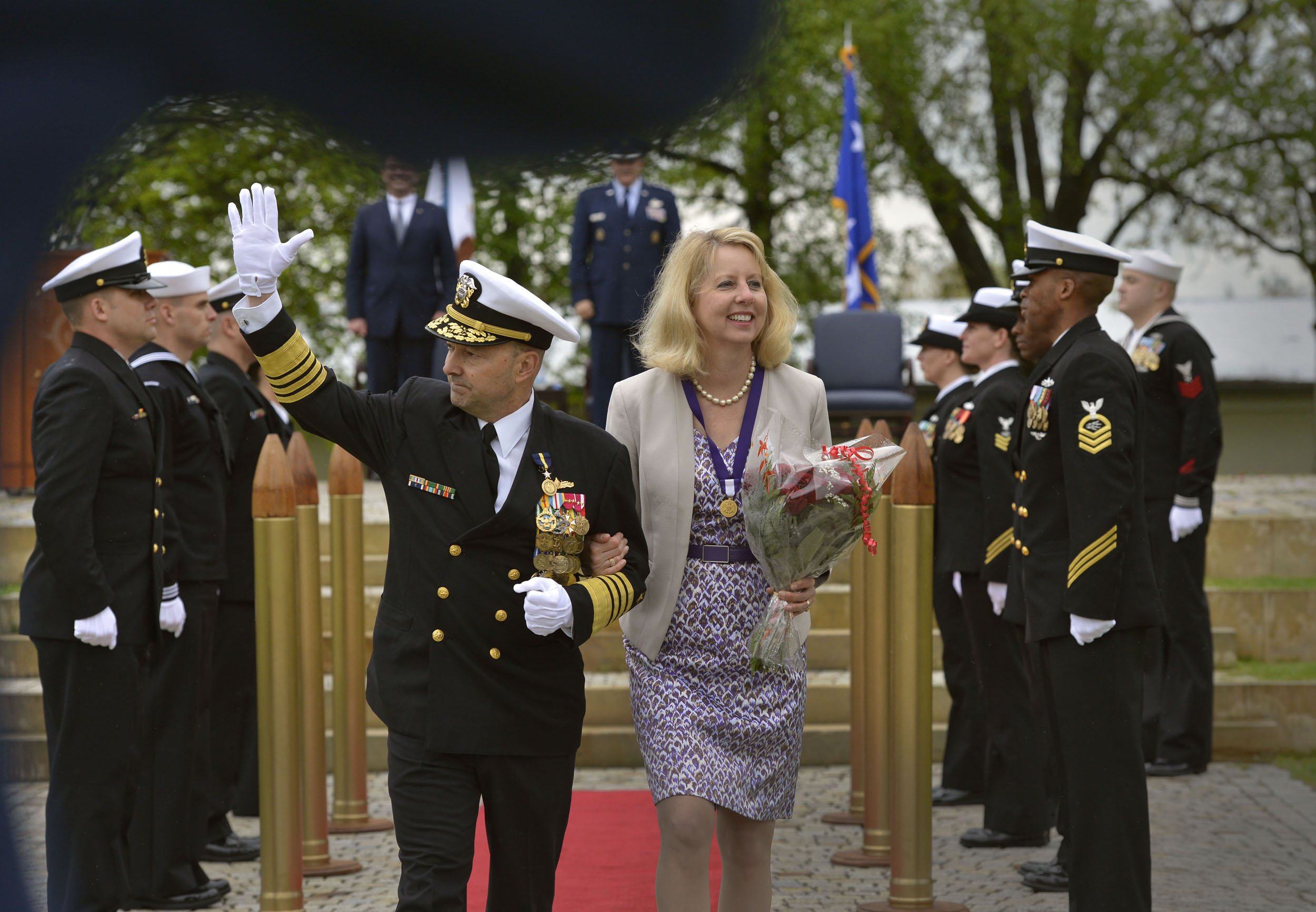 U.S. Navy Adm. James G. Stavridis and his wife, Laura, depart after the ...