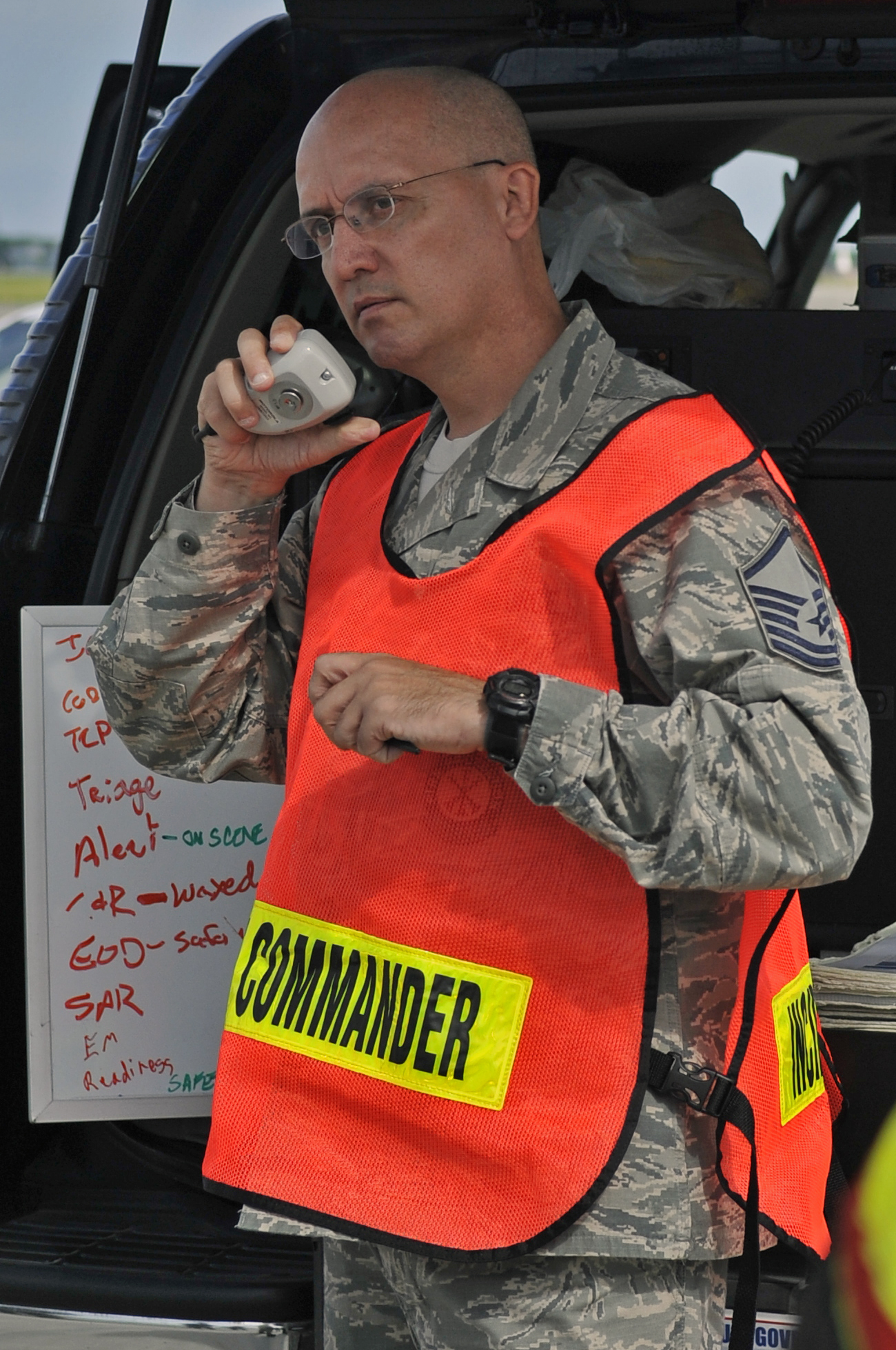 Master Sgt. Swisher updates situation of Major Accident Response Exercise