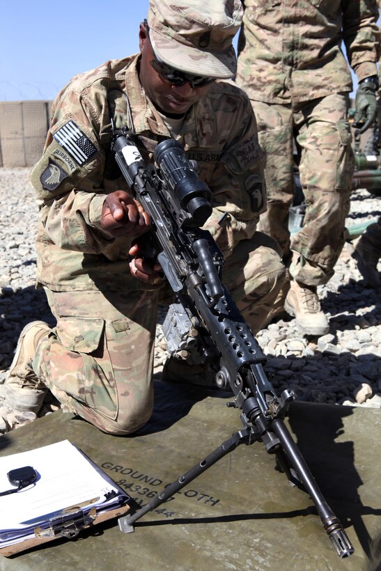 U.S. Army Staff Sgt. Ladarryl Hawkins performs a functions check on an ...