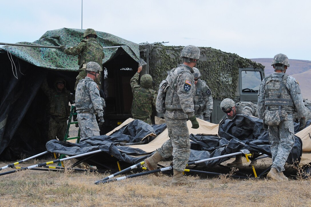 U.S. soldiers and Japan Ground Self-Defense Force soldiers construct a ...