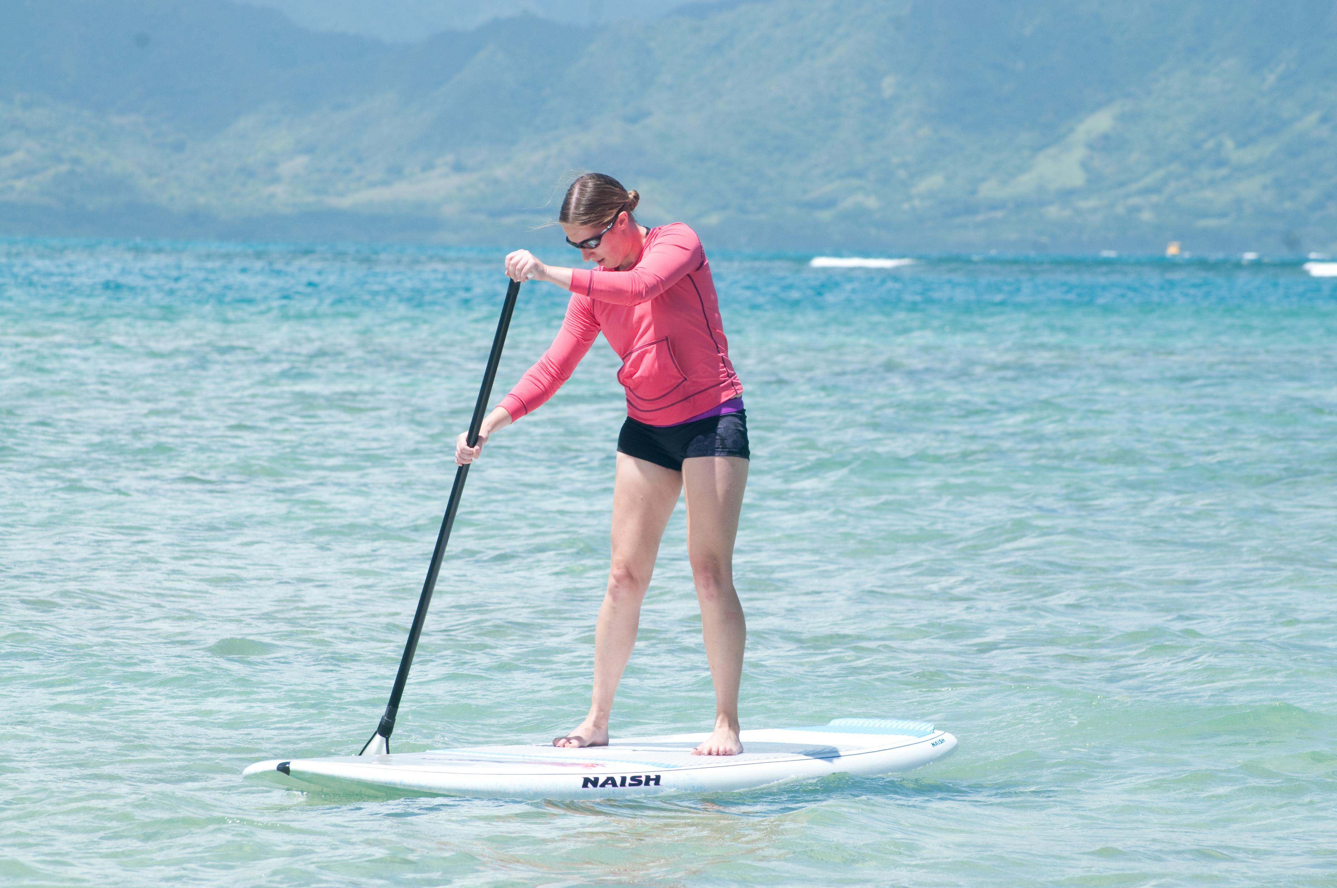Hop on board for safely stand-up paddling on base