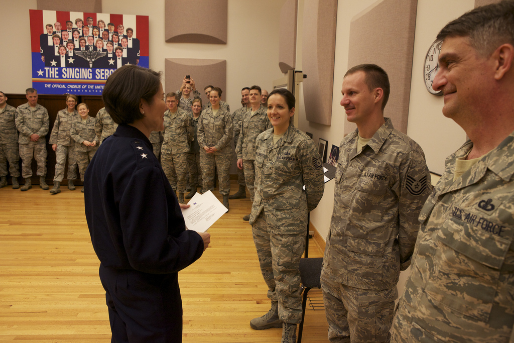 Maj. Gen. Sharon Dunbar congratulates recent Air Force Media Contest awards