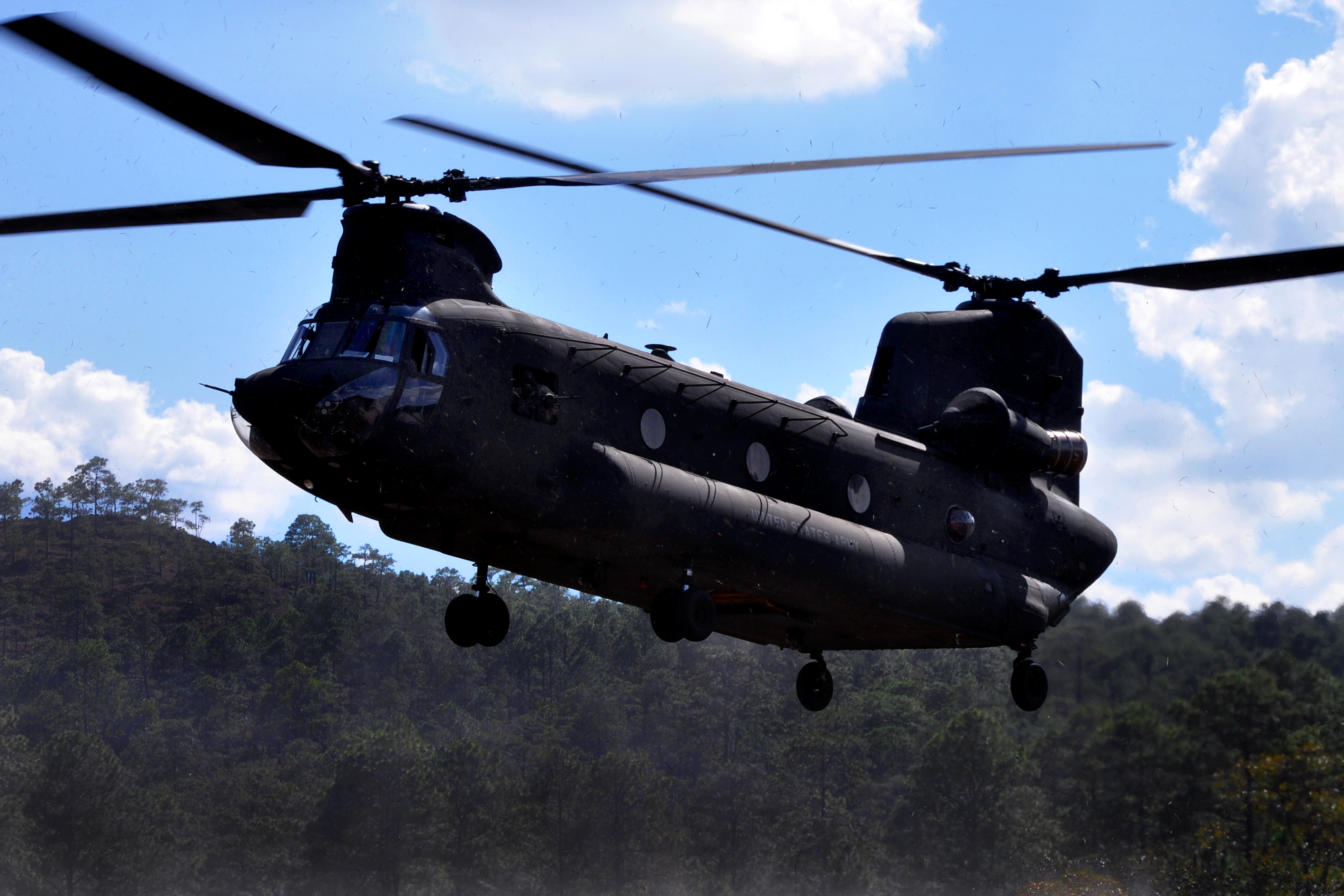 A CH-47 Chinook helicopter makes a landing during a personnel and ...