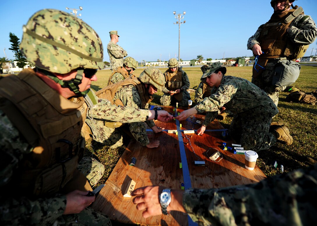 U.S. Navy Seabees demonstrate how to properly layout a forward ...