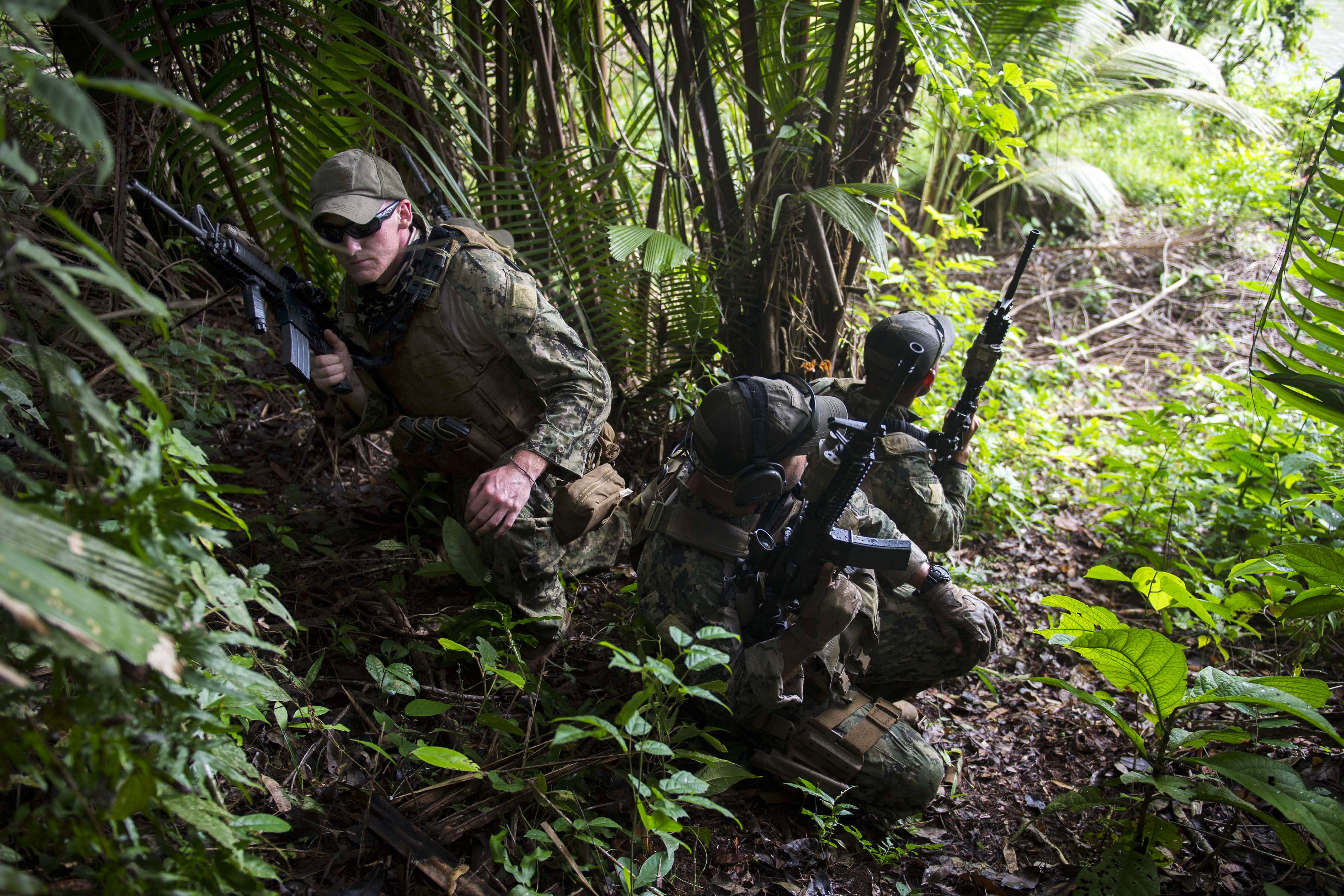U.S. sailors crouch in the jungle during insertion and extraction ...