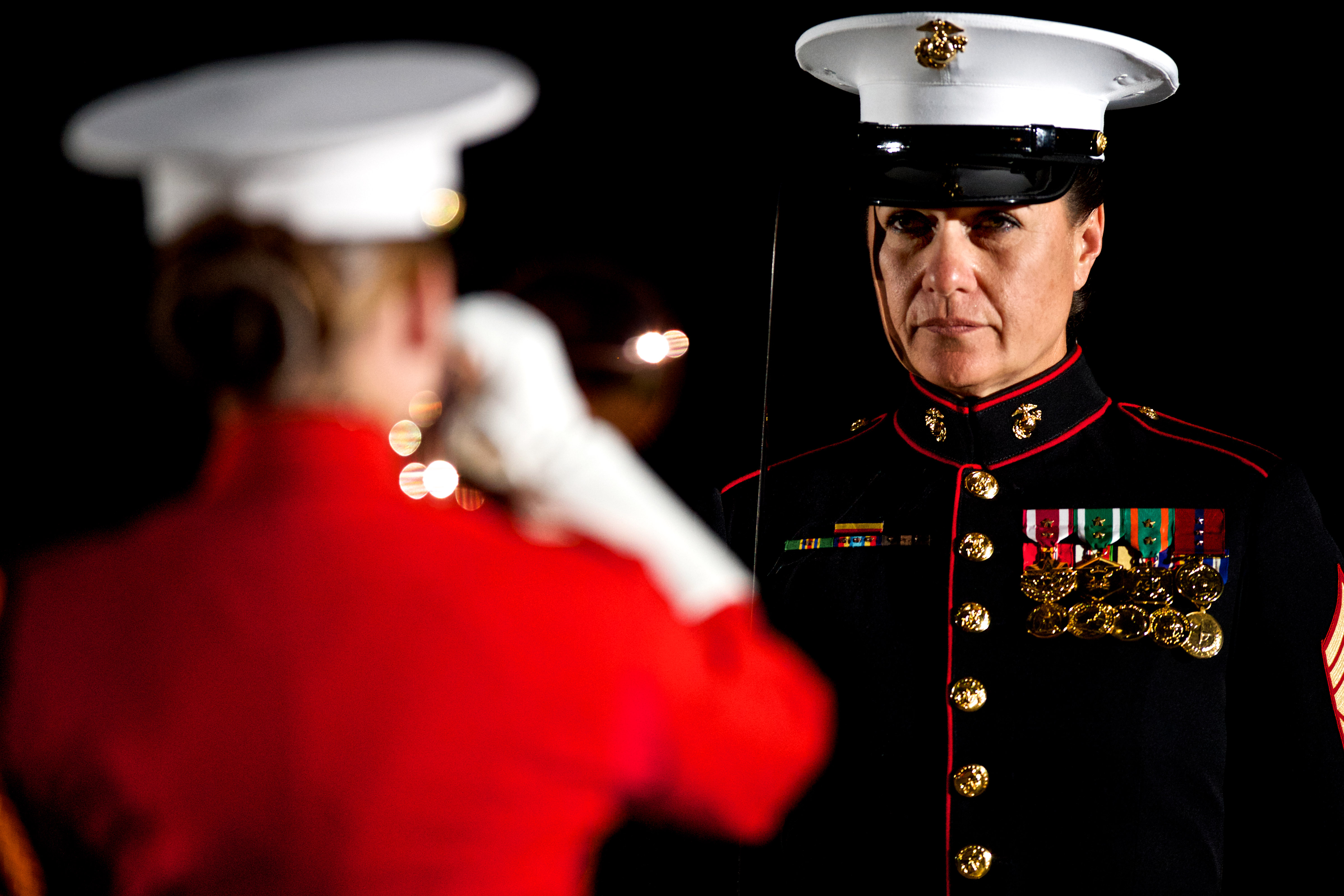 A U.S. Marine Band member performs in front of Marine Corps Sgt. Maj ...