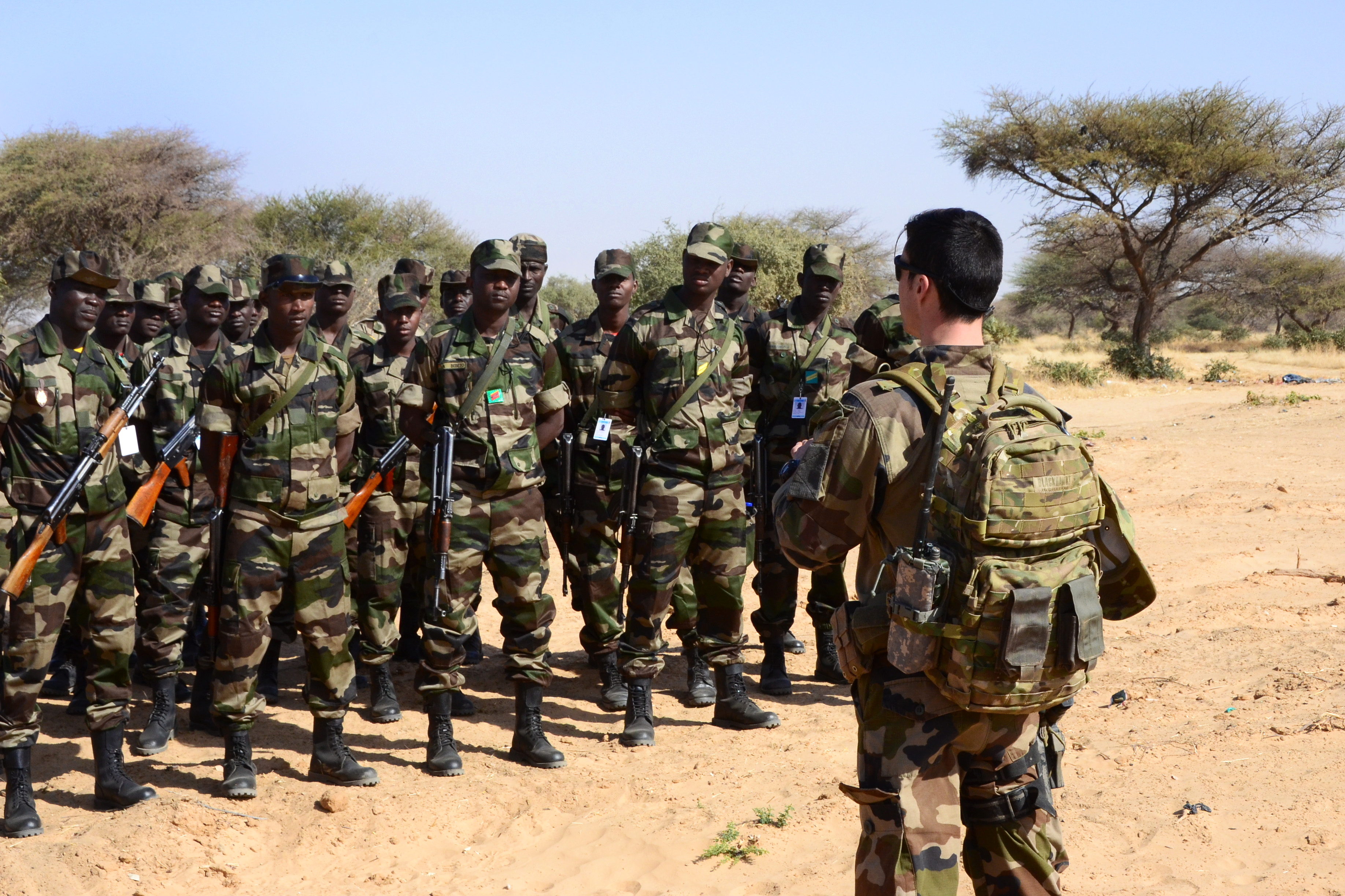 A French military training instructor, foreground, conducts basic ...