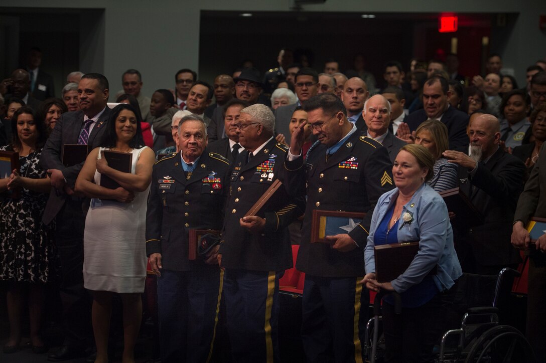 Medal of Honor recipients Army Master Sgt. Jose Rodela, left, Sgt. 1st ...