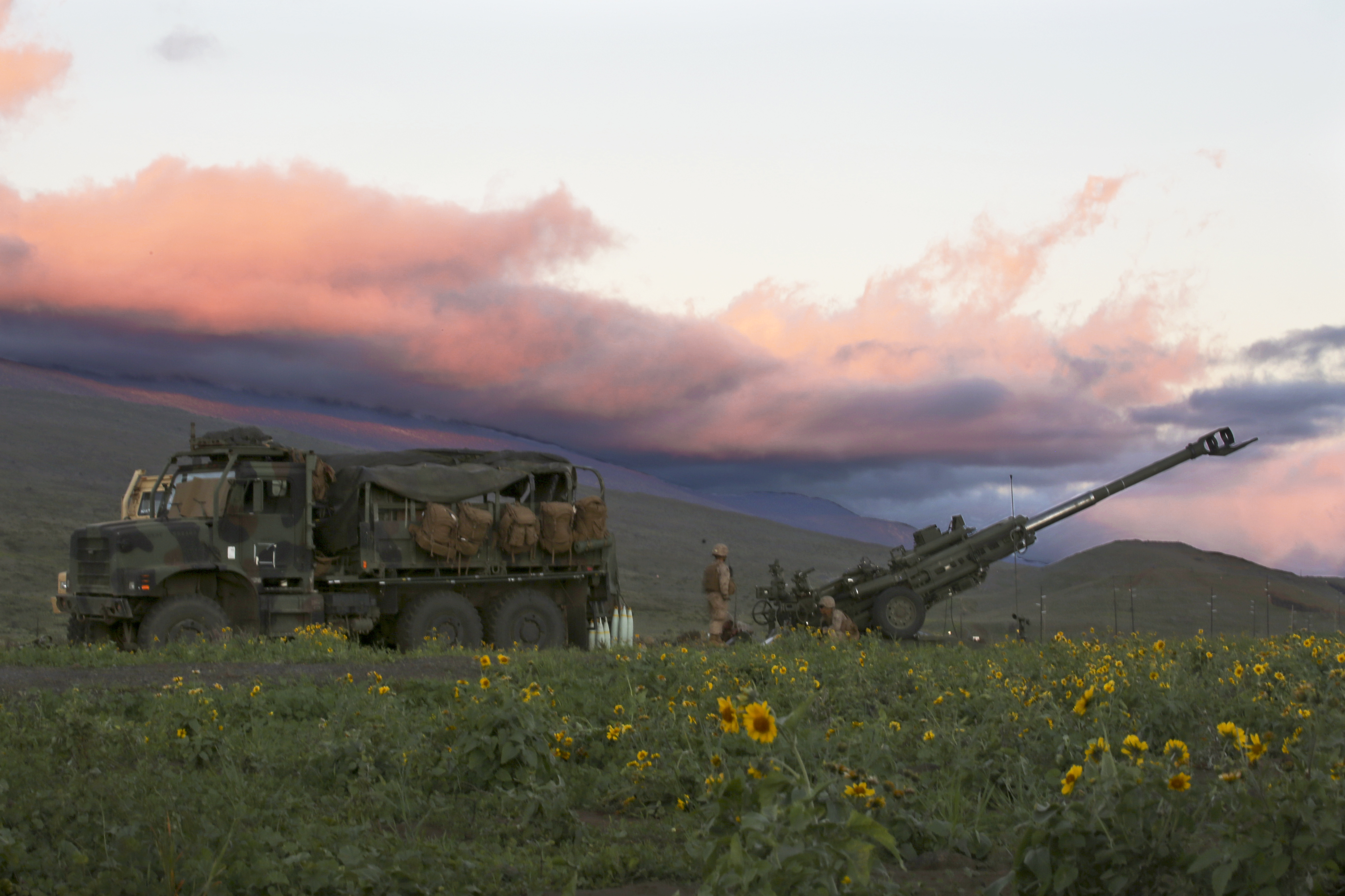 Artillery Marines prepare the M777 155 mm howitzer system for night ...