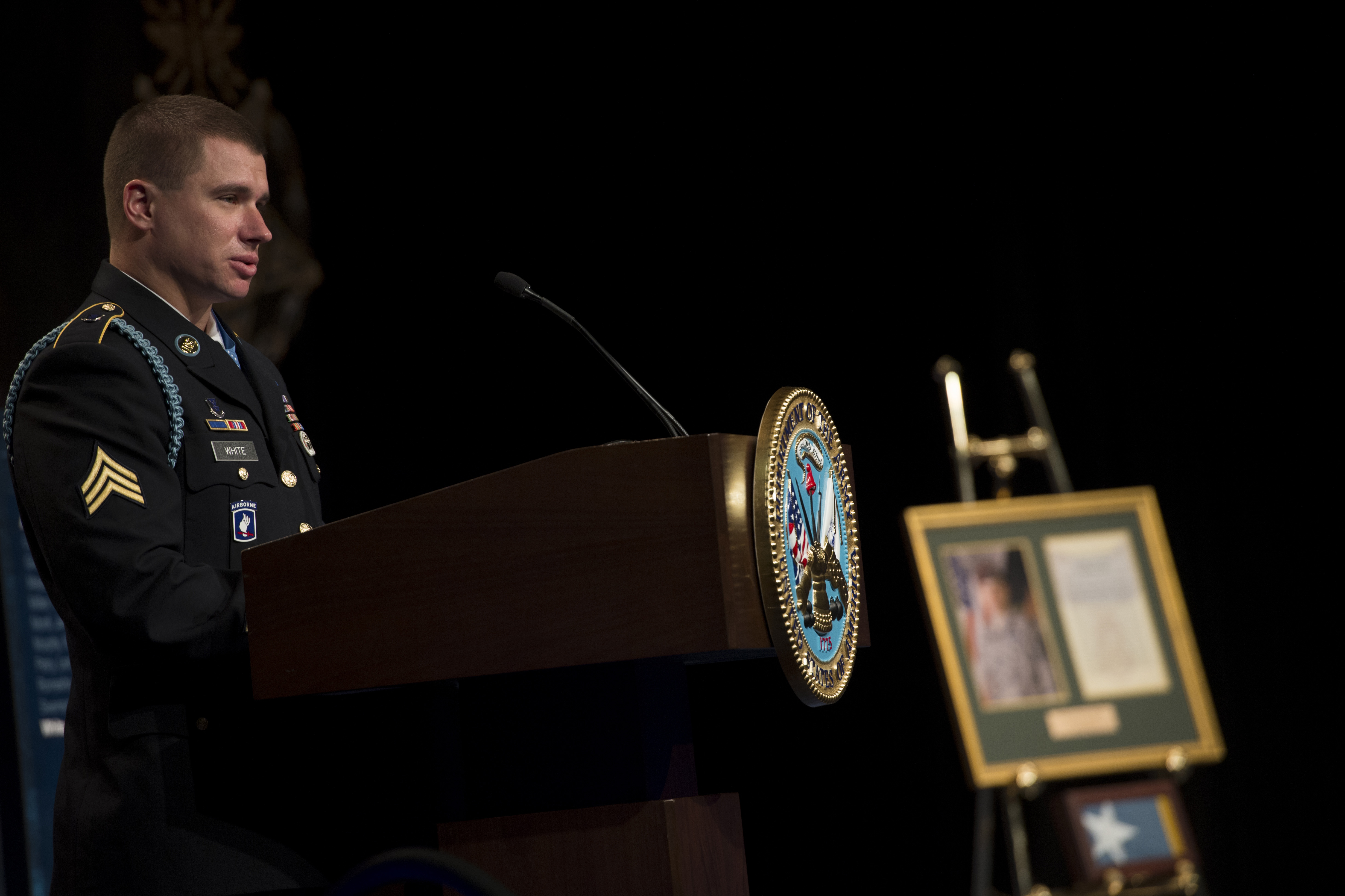 Former Army Sgt. Kyle J. White delivers remarks to the audience during ...