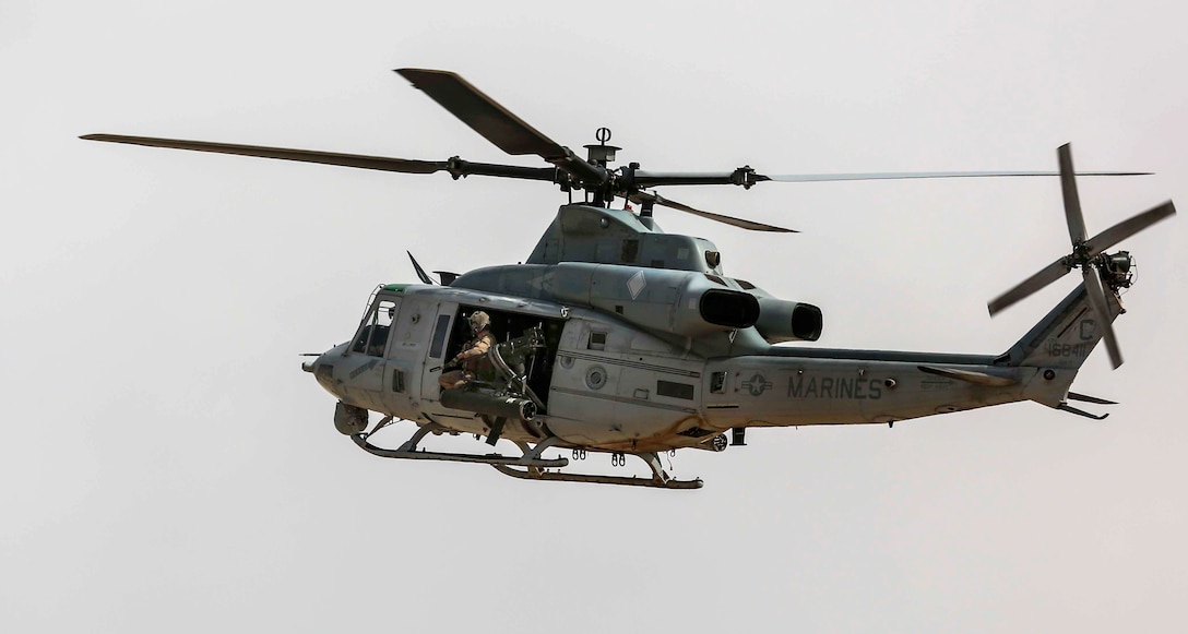 A U.S. Marine Corps UH-1Y Huey helicopter lands on Bastion Airfield ...
