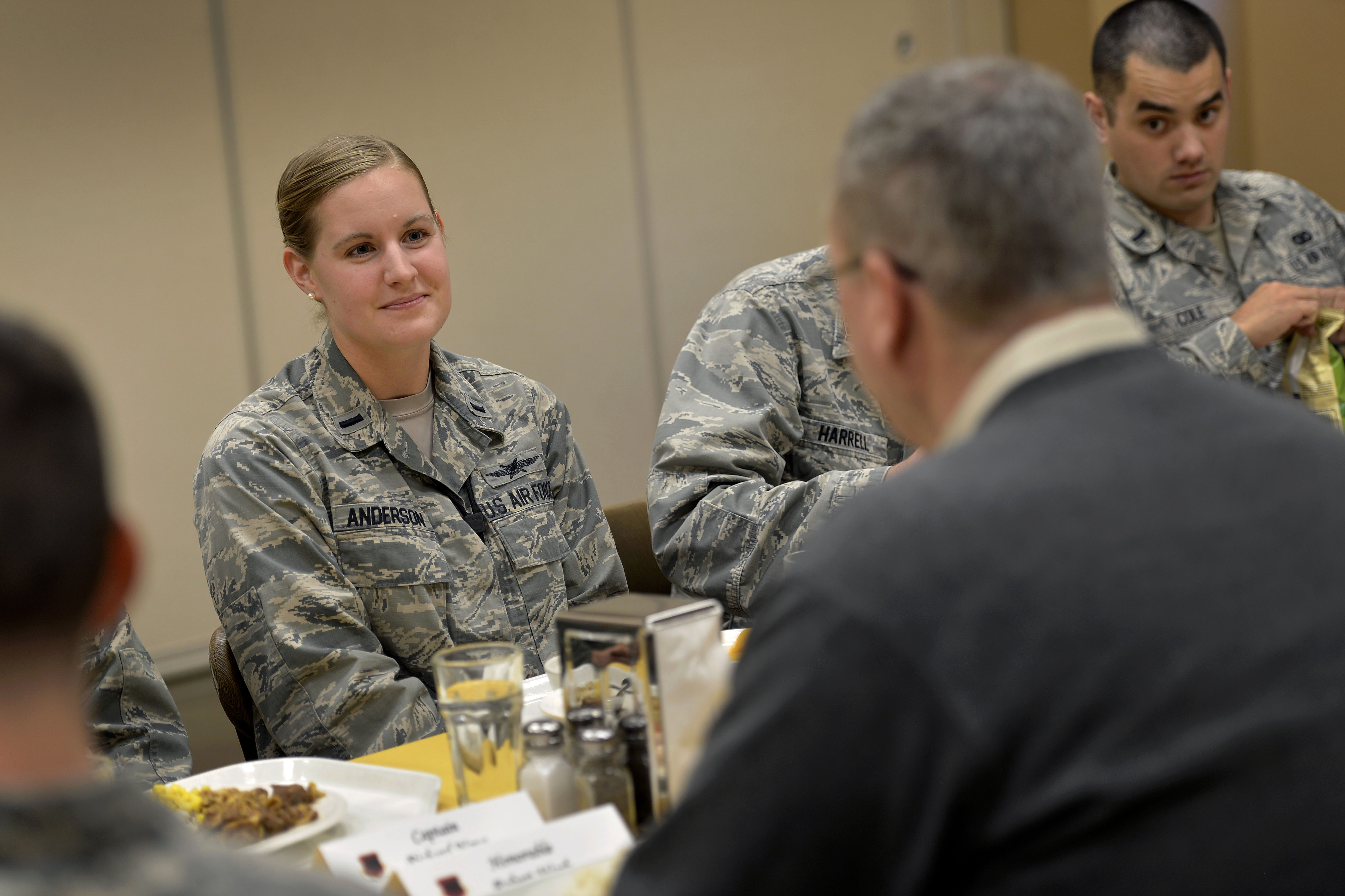 Air Force 1st Lt. Kimberly Anderson engages in a lunchtime conversation ...