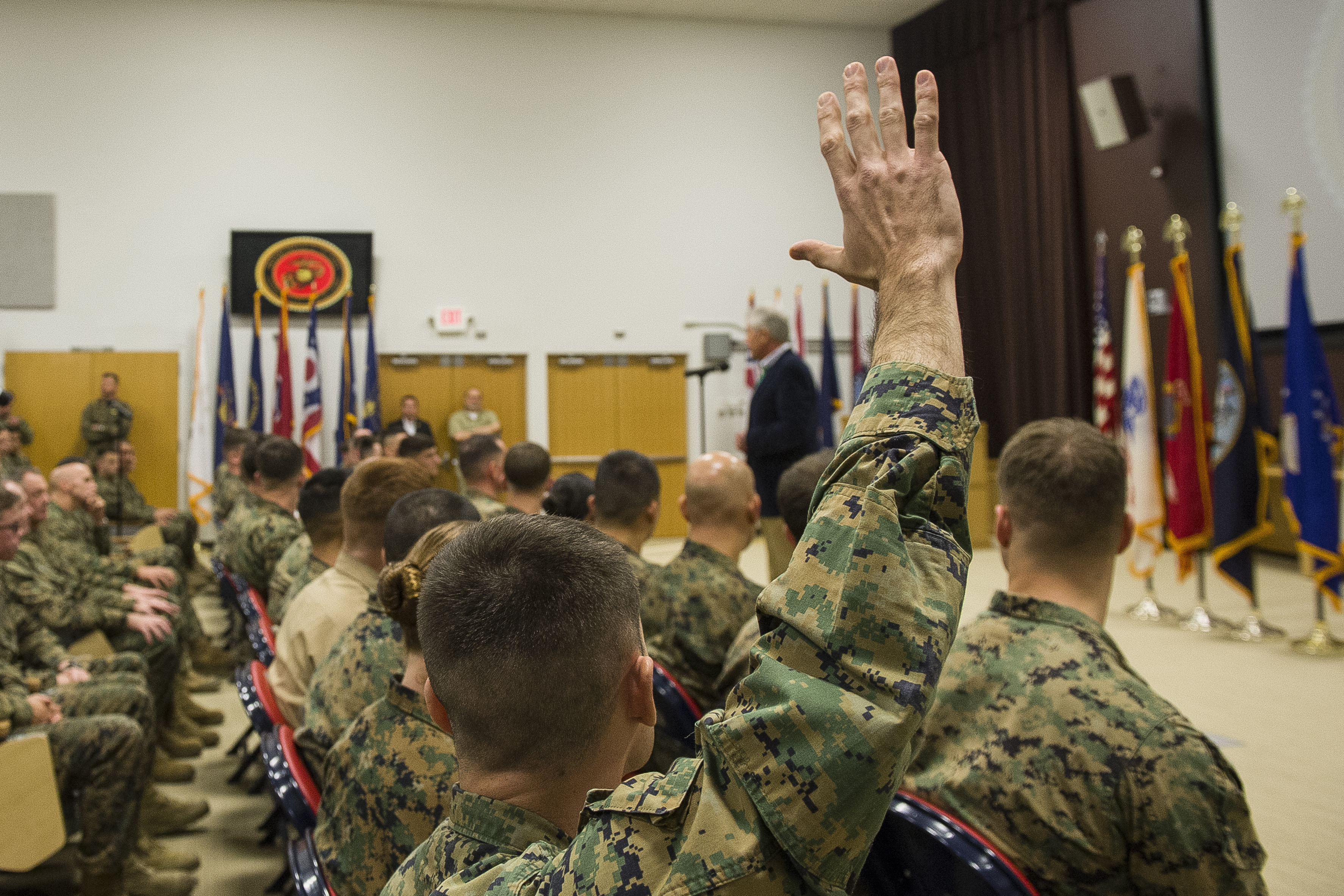 Marines ask Defense Secretary Chuck Hagel questions on Camp Lejeune, N ...