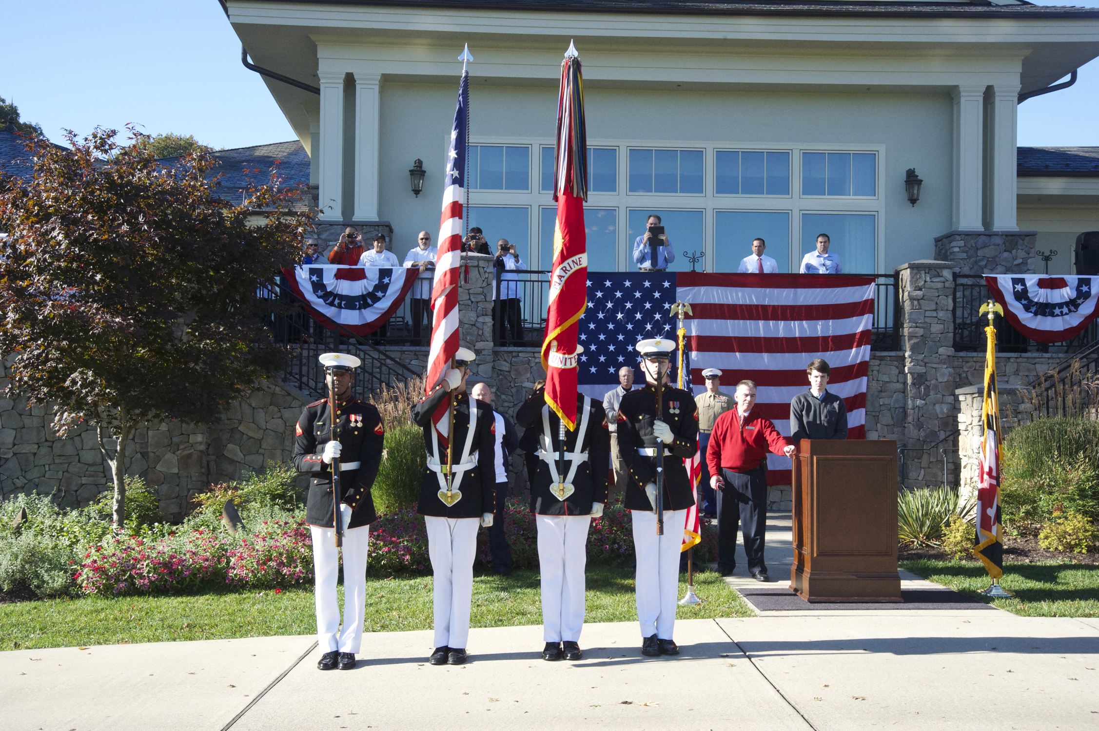 A Marine color guard, from the Marine Corps Barracks Washington, posts ...
