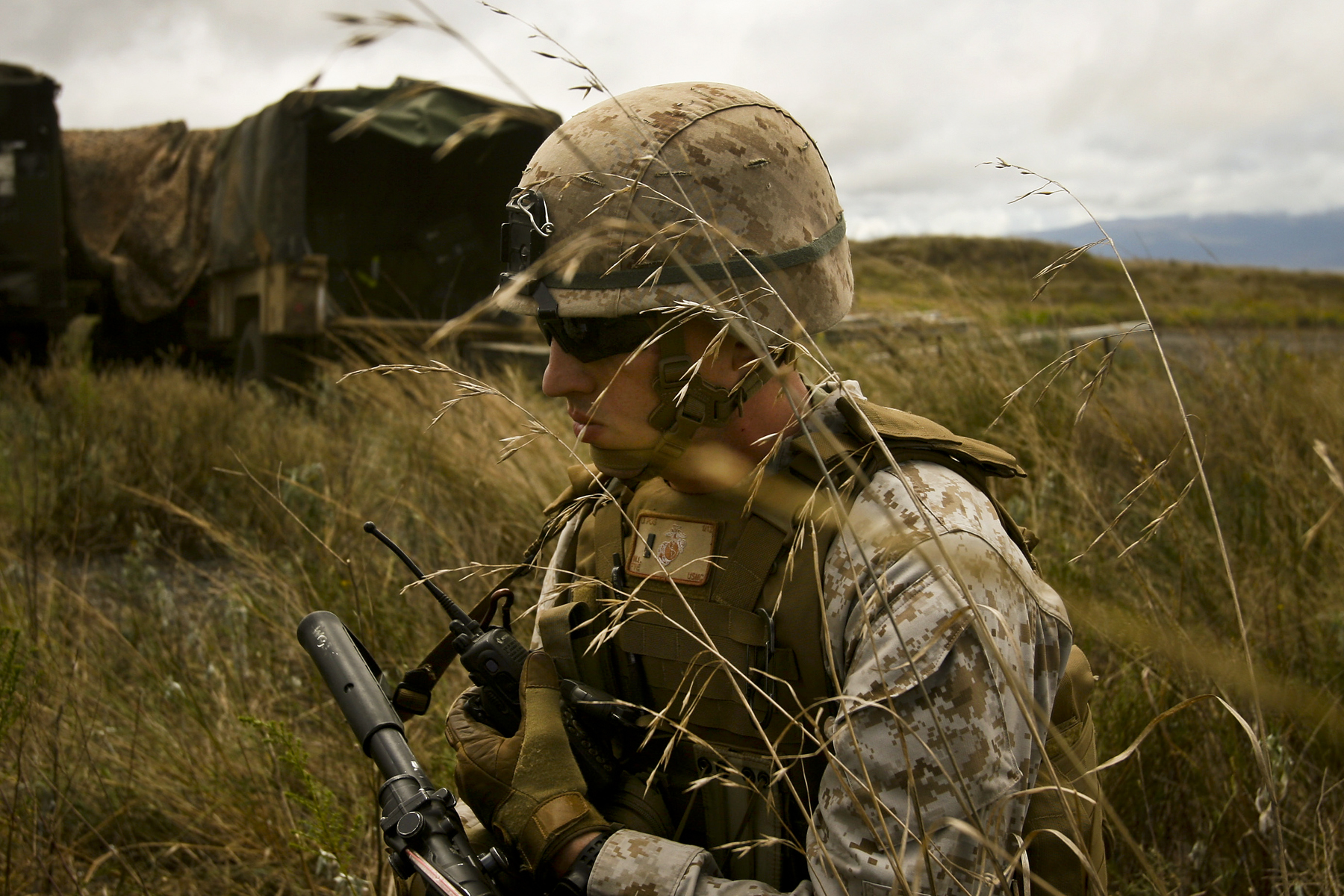 Marine 1st Lt. Luke Pye communicates with range control on Pohakuloa ...