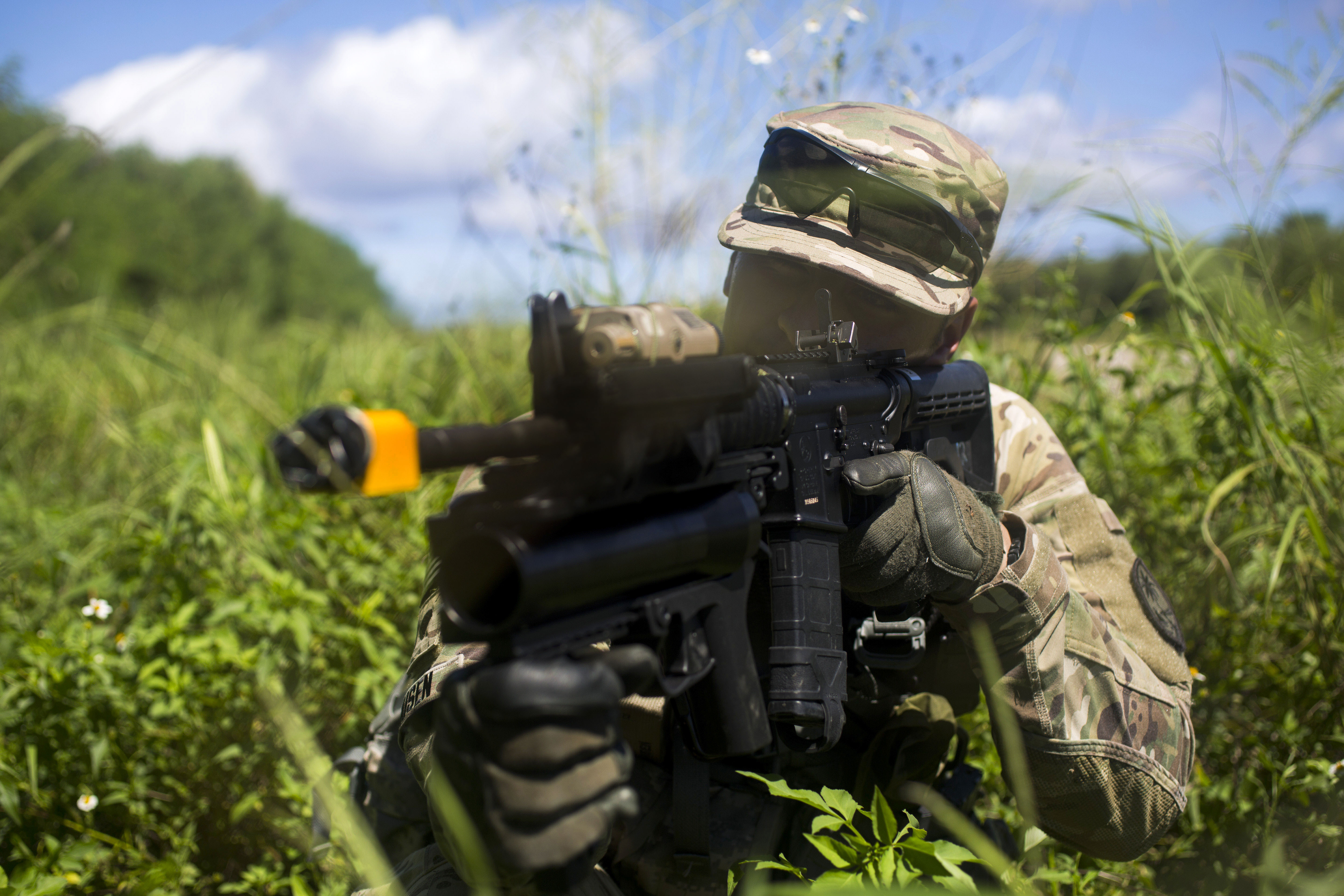 U.S. Army Spc. Jeremy Manibusen provides security during exercise ...
