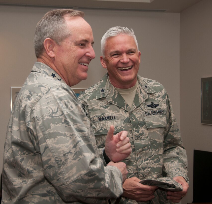 Air Force Chief of Staff Gen. Mark A. Welsh III visits with Gen. Edward P. Maxwell, the ...