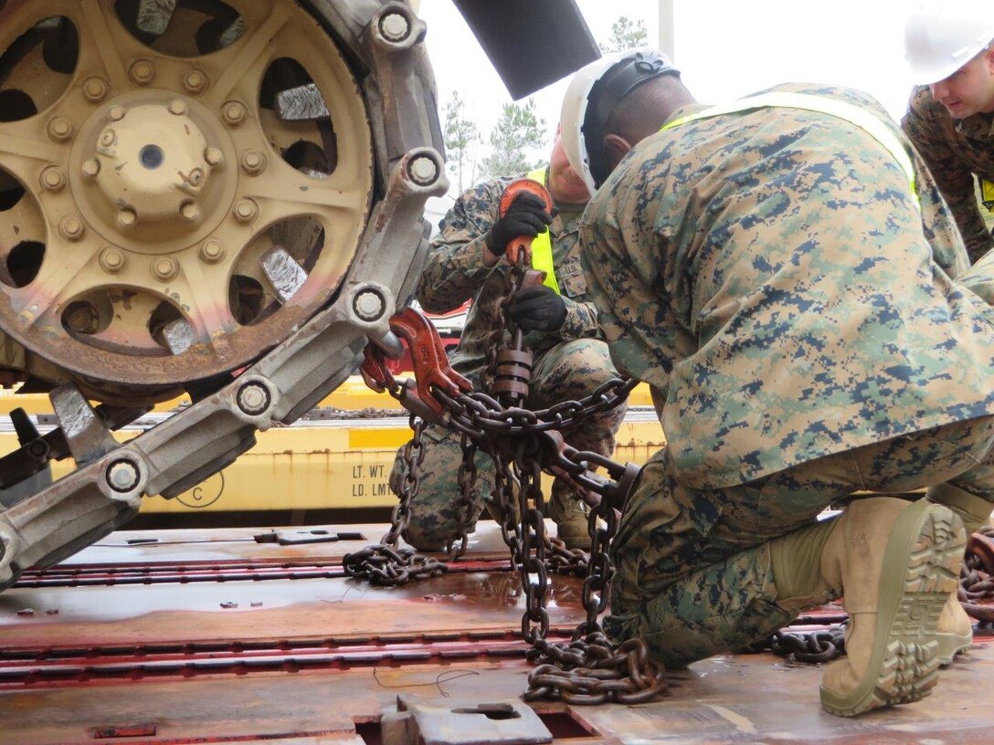 Marines tying down a Tank during Rail Ops