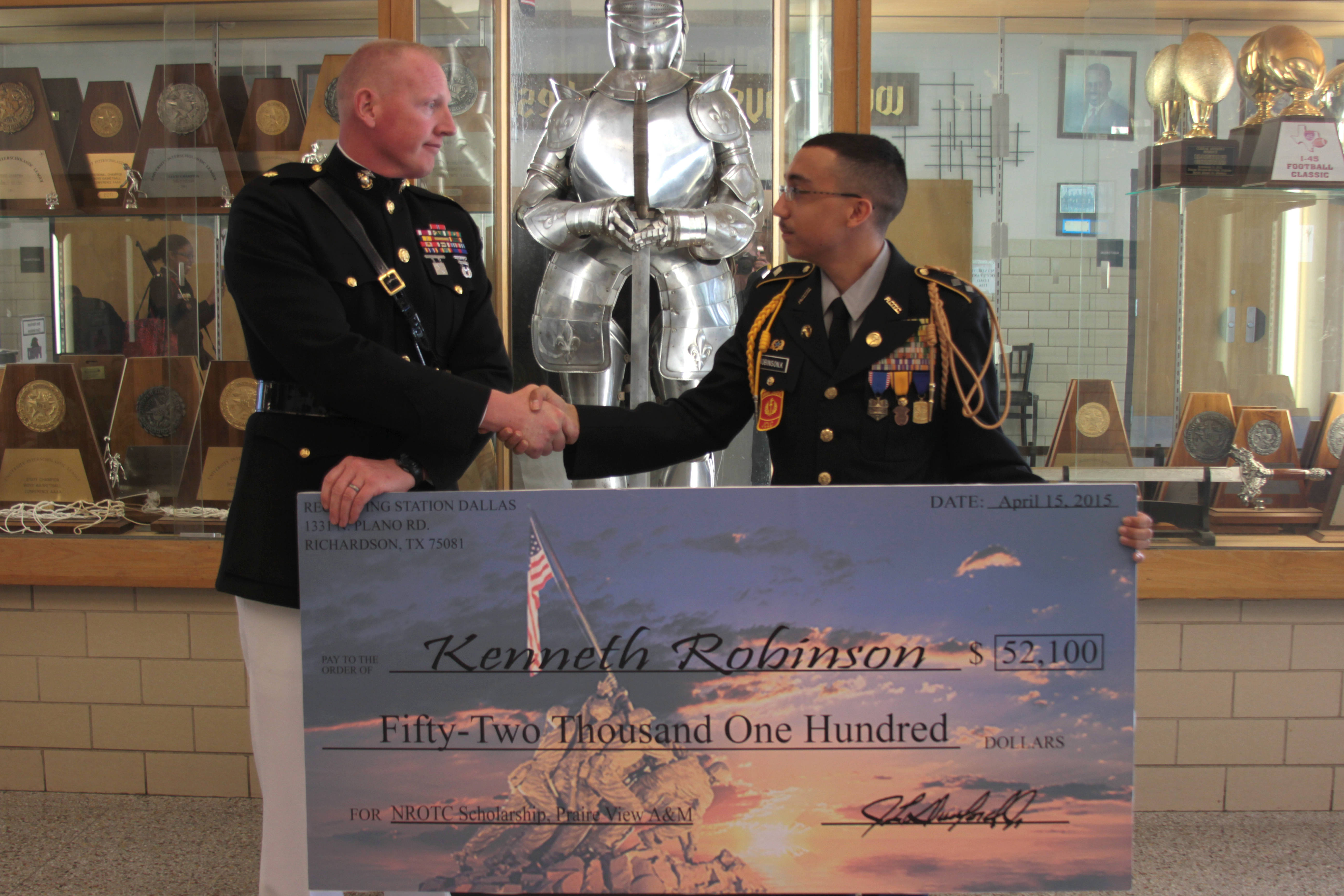 Maj. Charles D. Nicol Presents NROTC Scholarship Check