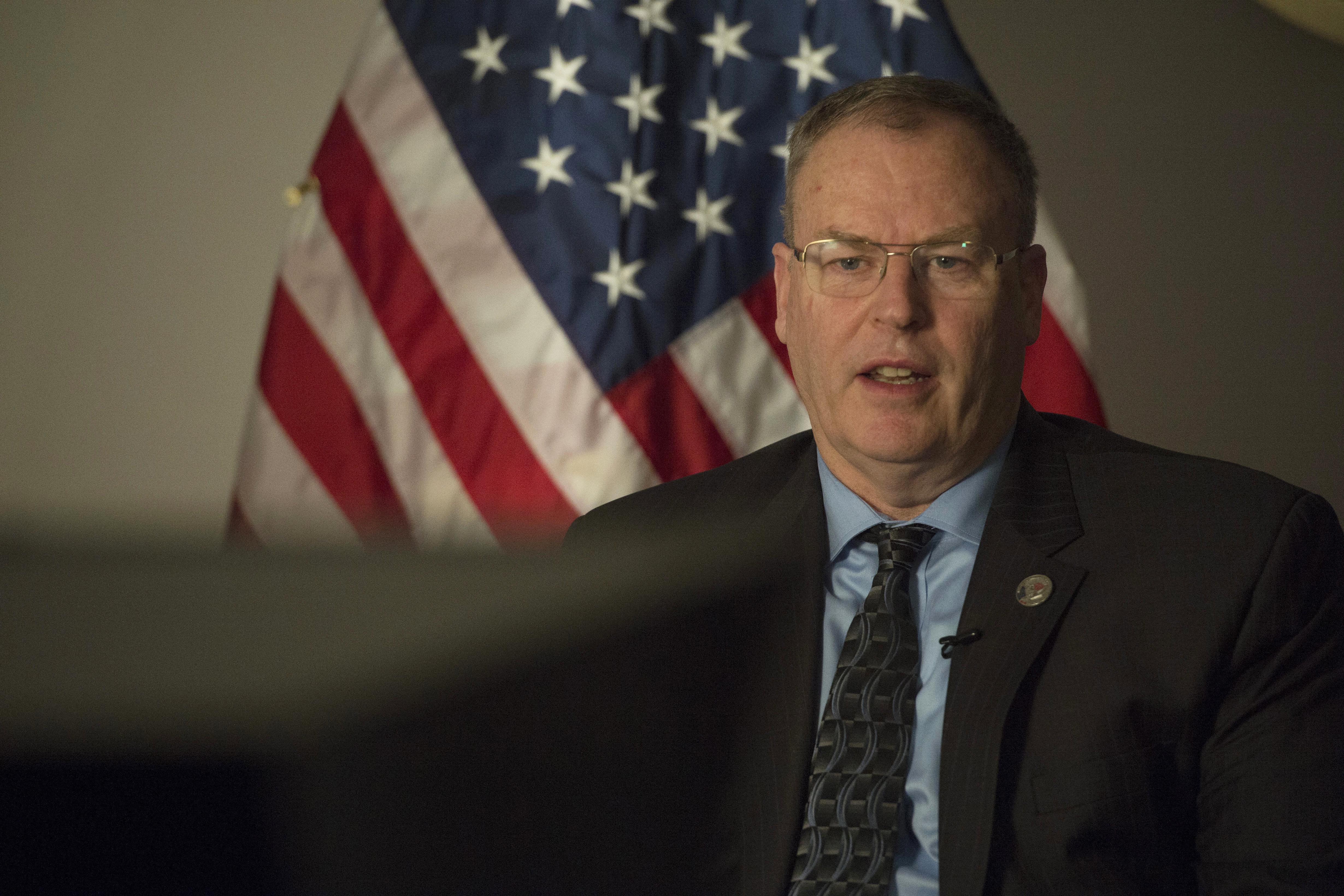 U.S. Deputy Defense Secretary Bob Work records a message to service ...