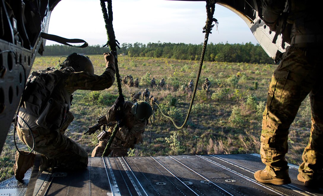 A Dutch Special Forces soldier exits a CH-47 Chinook helicopter during ...