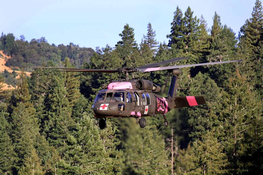 A UH-60 Black Hawk helicopter takes off from the Eel River Conservation ...