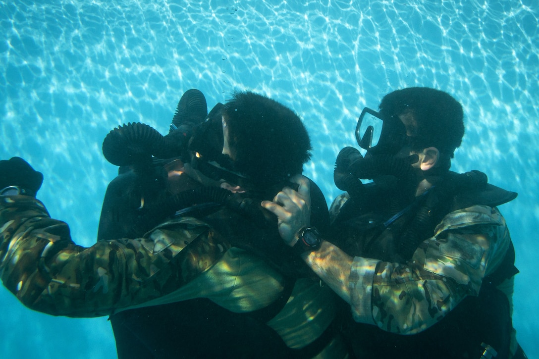 A soldier, right, brings a fellow diver to the surface in a simulated ...