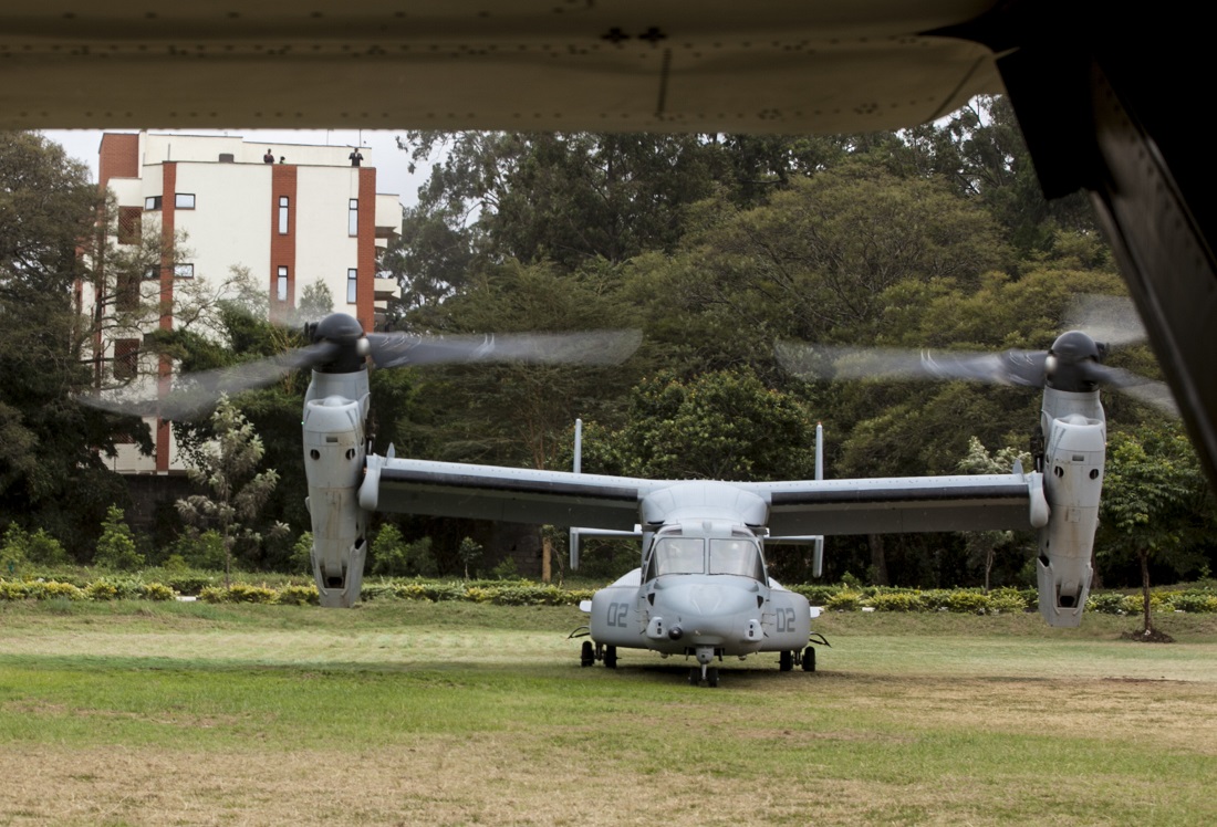 U.S. Marines fly over Nairobi in MV-22s