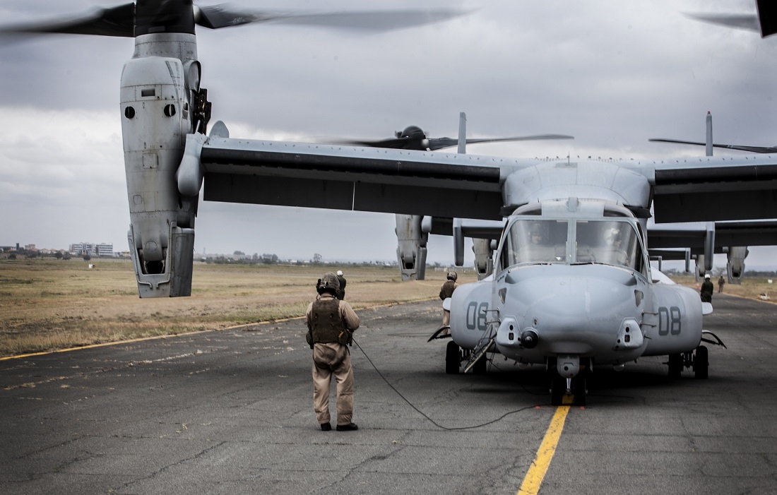 U.S. Marines fly over Nairobi in MV-22s