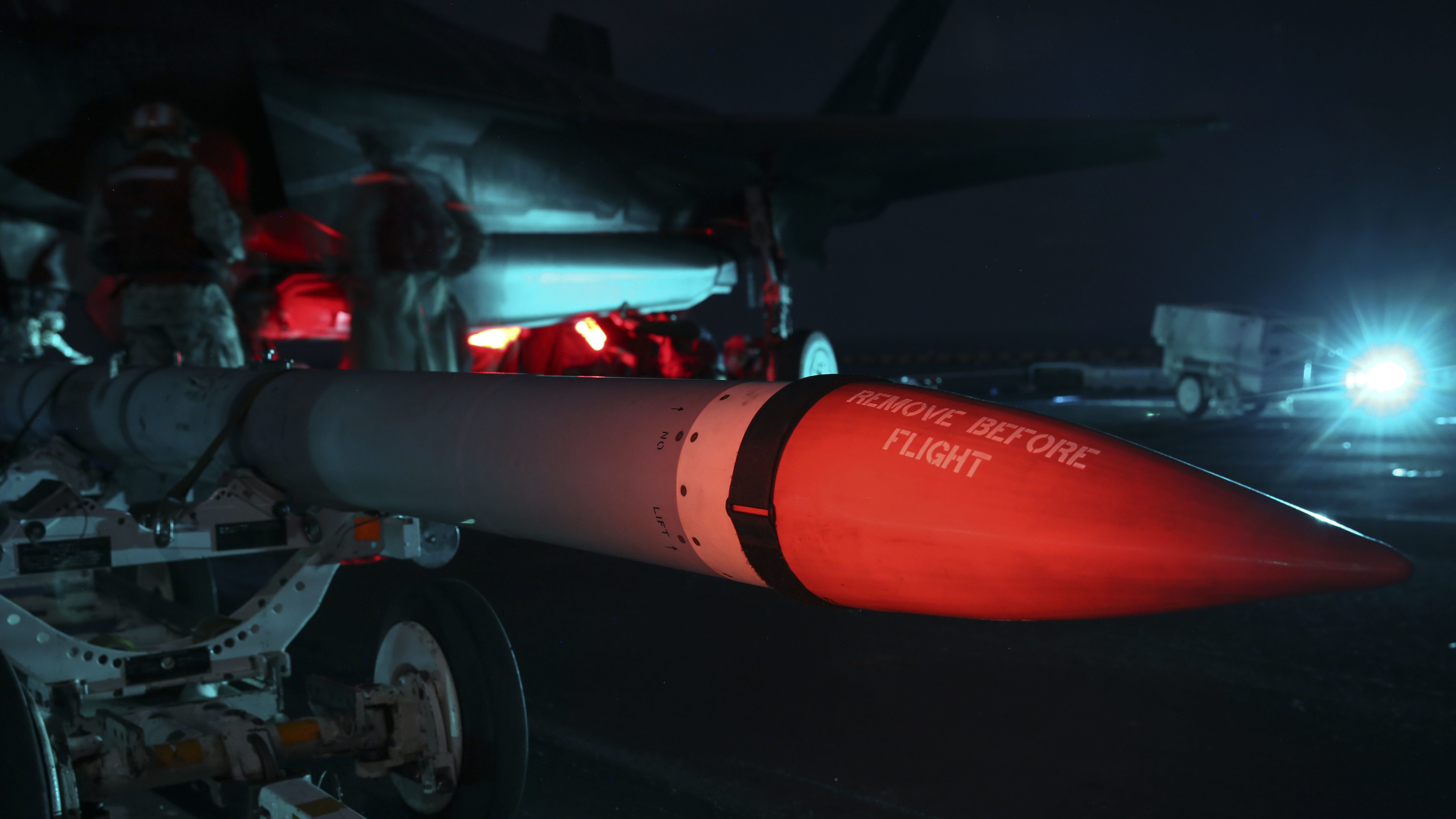 Marines conduct night ordnance load on F-35B at sea