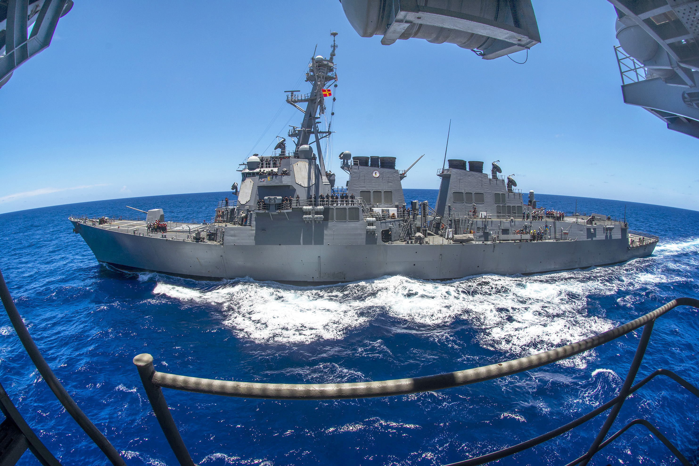 The USS Preble steams alongside the USS George Washington for a fueling ...
