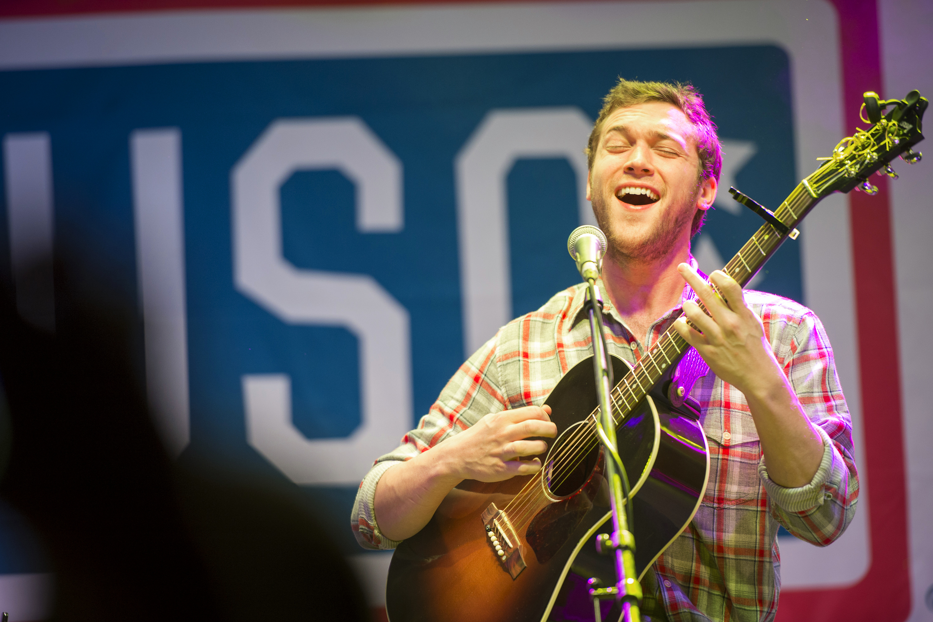Musician Phillip Phillips performs for U.S. service members during a ...