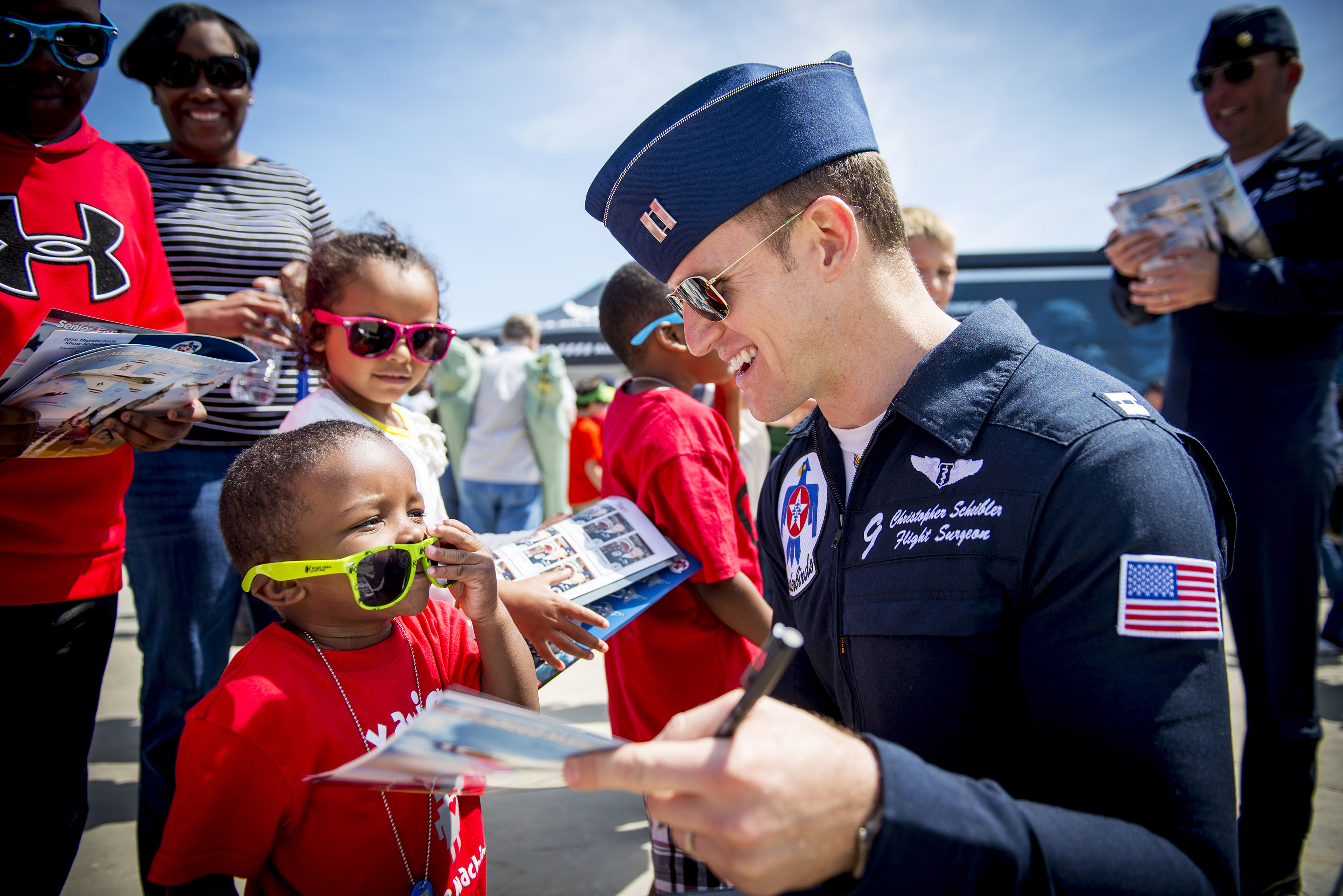 Air Force Capt. Christopher Scheibler, Thunderbird 9, interacts with ...