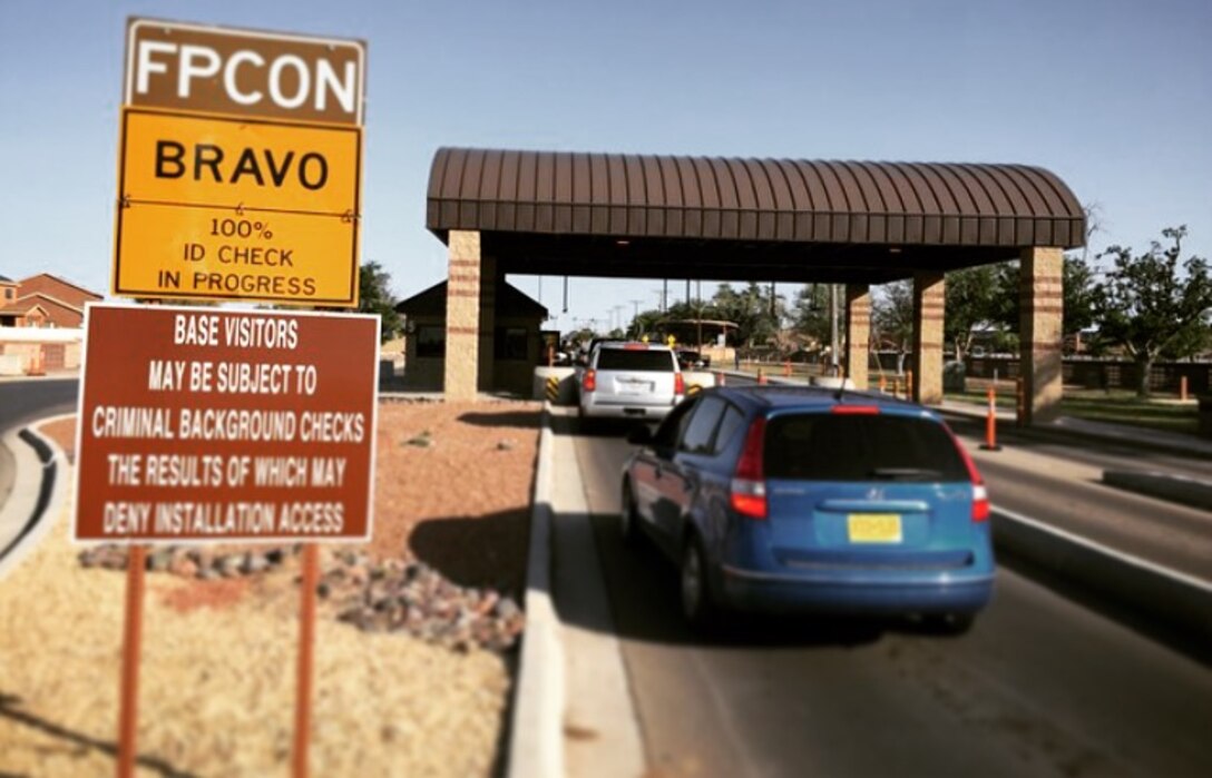 FPCON Bravo sign at the front gate of Holloman AFB, N.M.