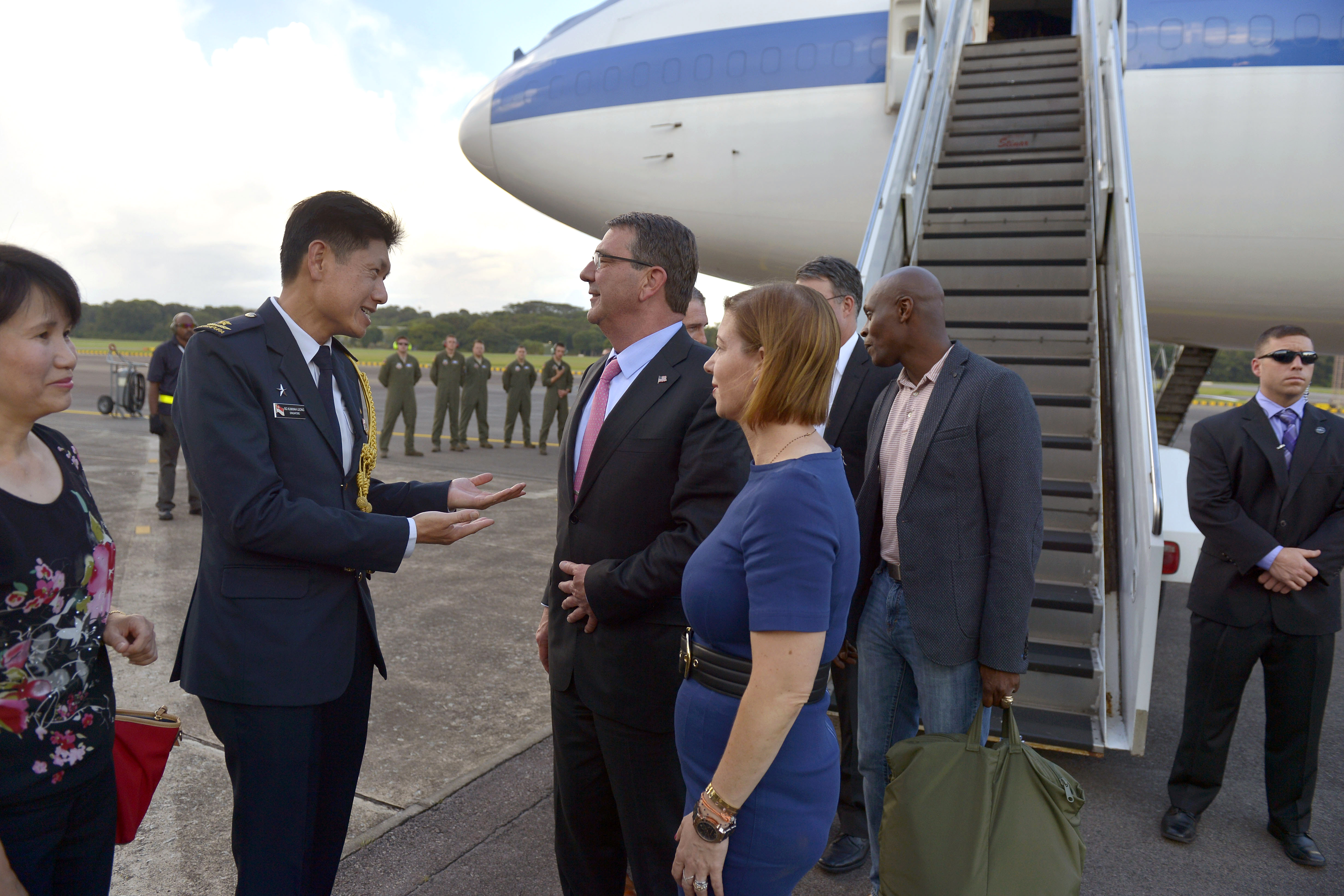 U.S. Defense Secretary Ash Carter and his wife, Stephanie, talk with ...