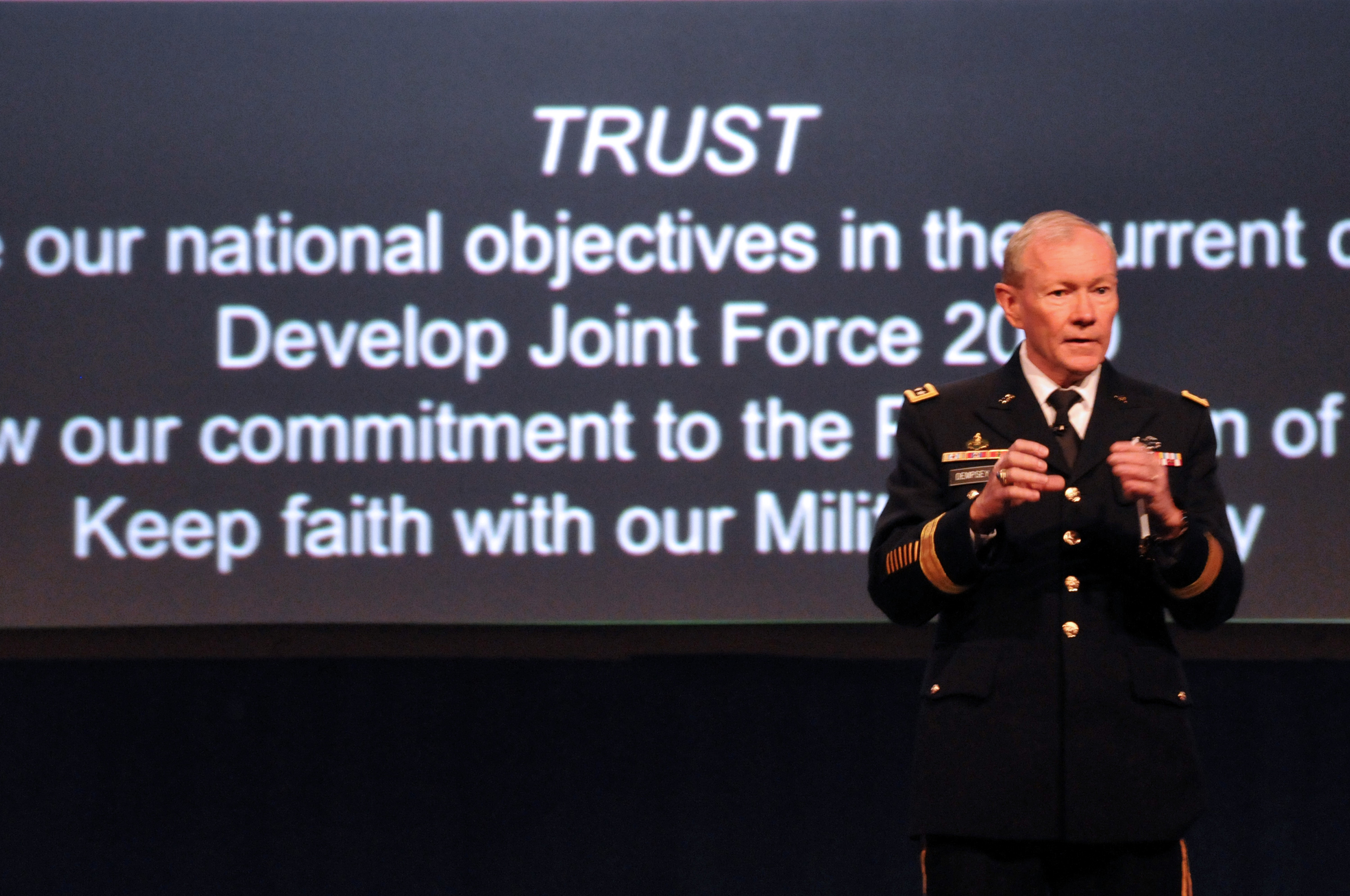 Army Gen. Martin Dempsey speaks to National Guard members, during the ...