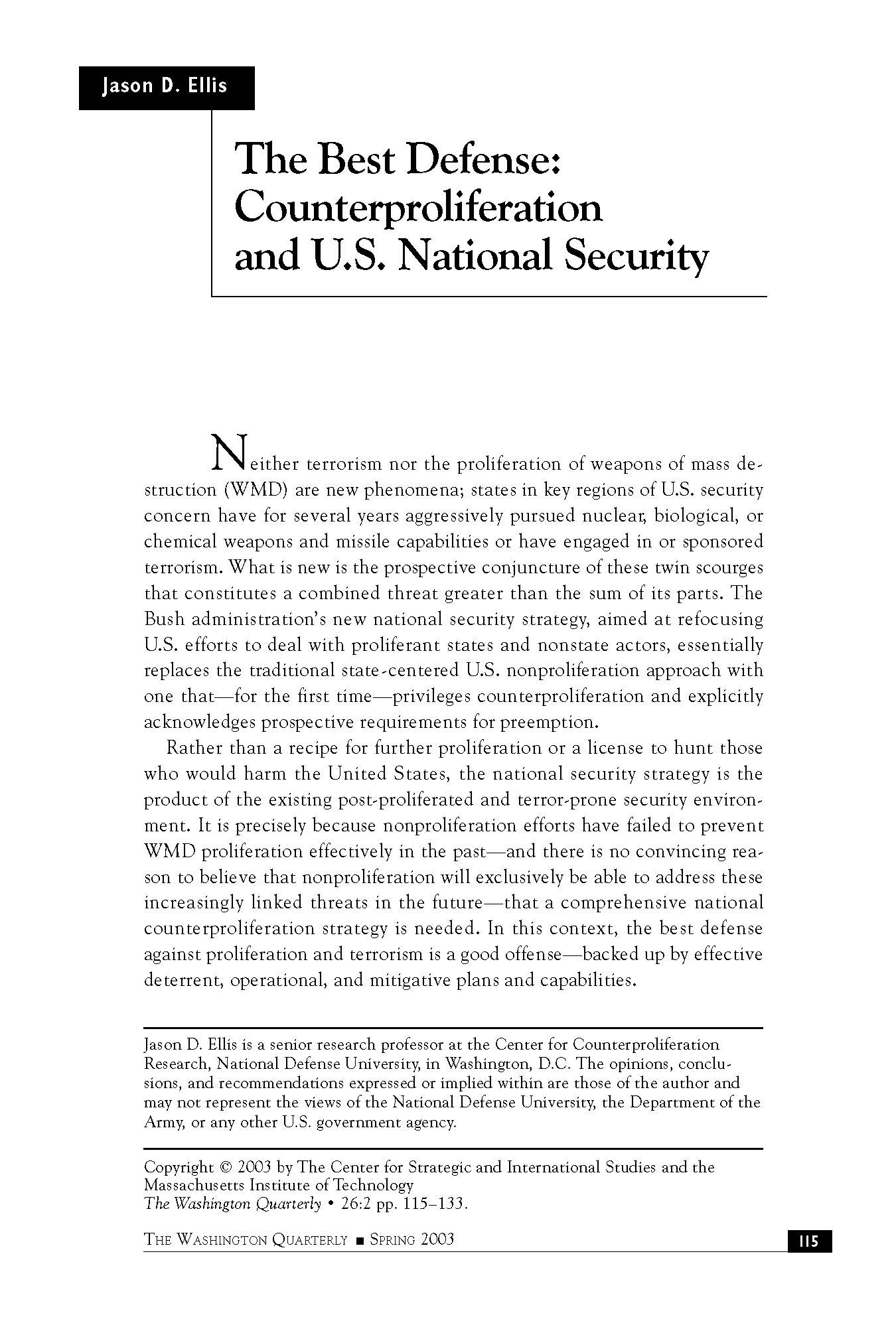 The Best Defense: Counterproliferation and U.S. National Security ...