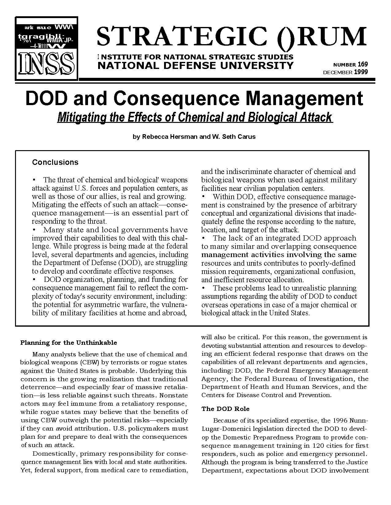 DOD and Consequence Management: Mitigating the Effects of Chemical and ...